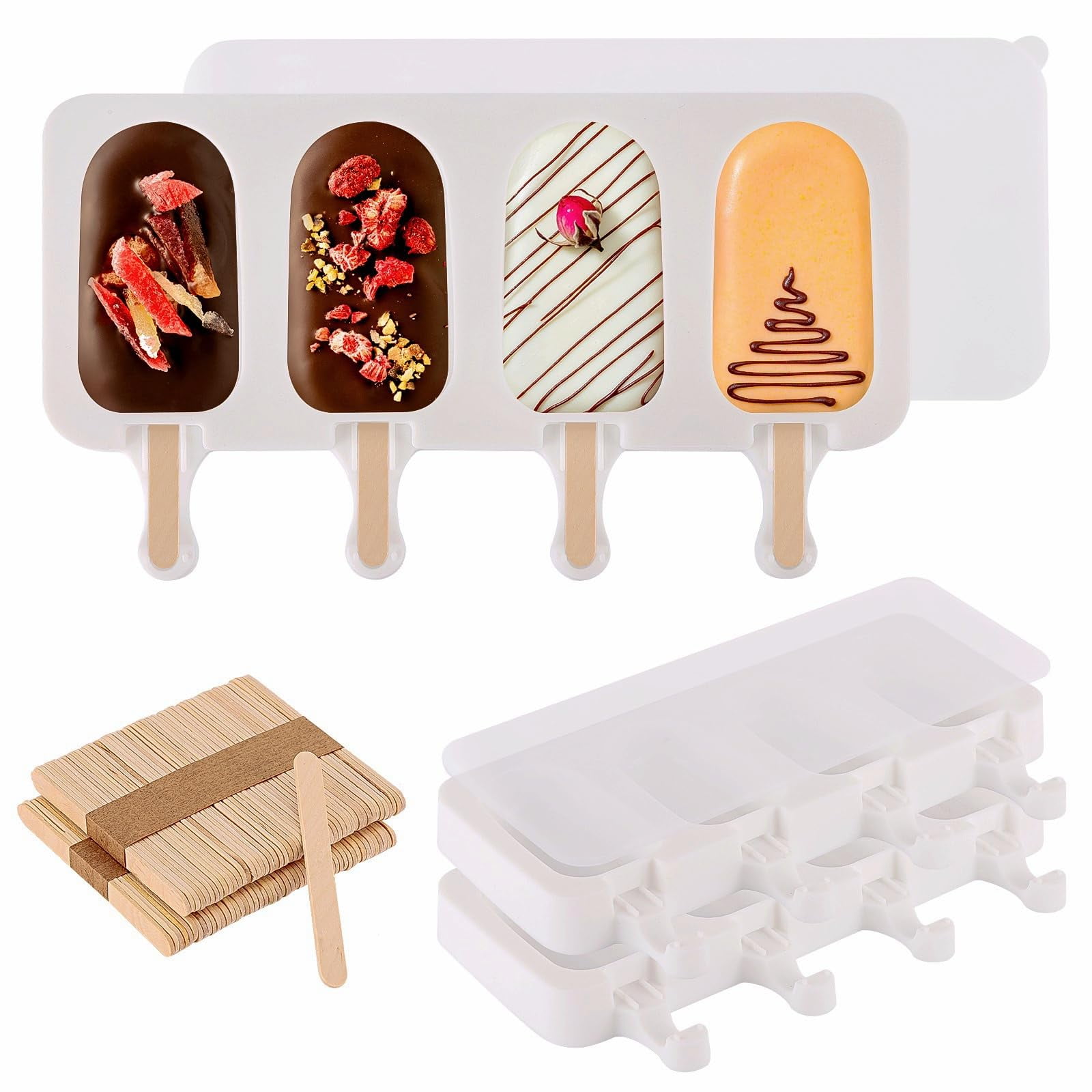 4 Cavity Popsicle Mold Set of 3 with Lids, 100 Pcs Wooden Sticks ...