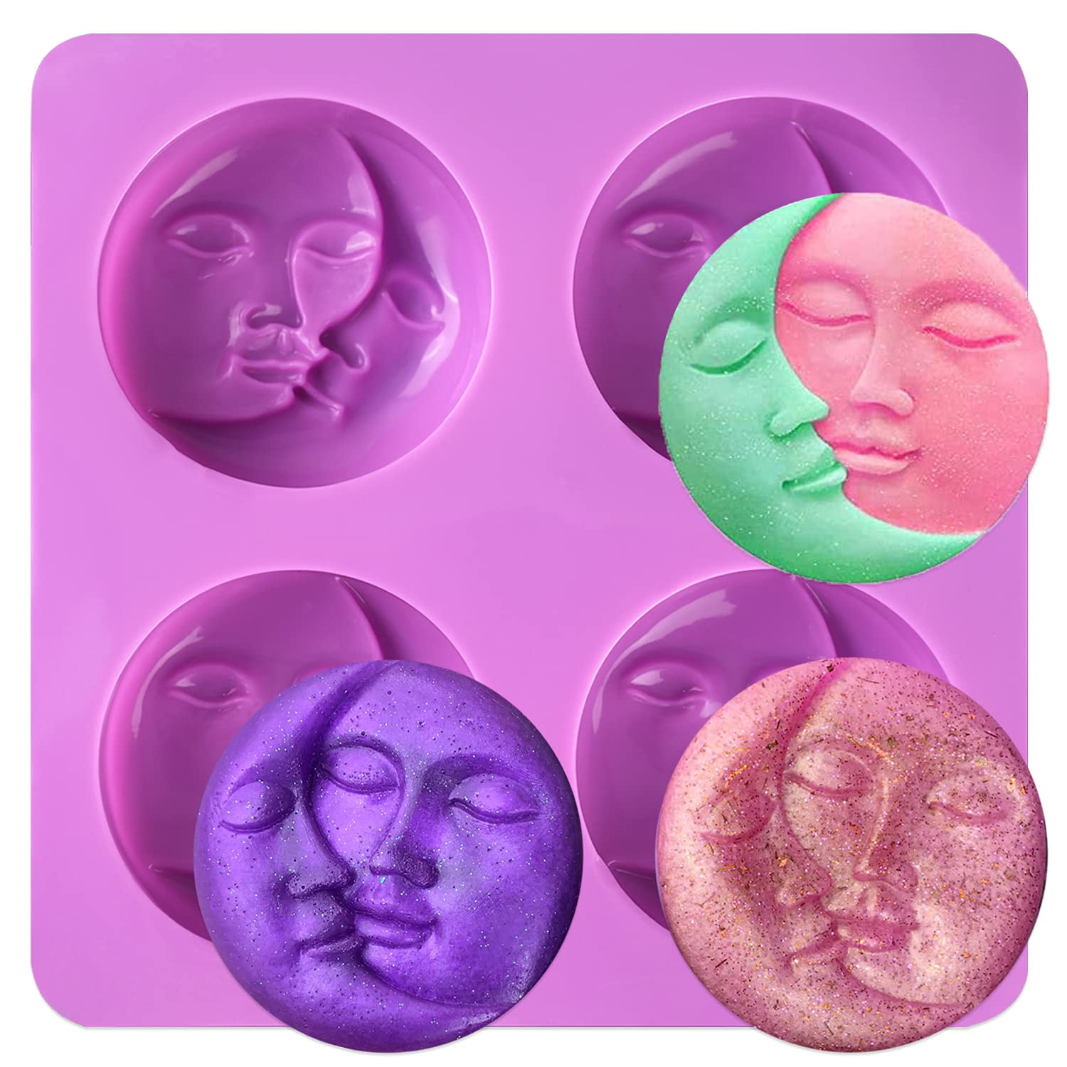 4 Cavity Sun & Moon Silicone Soap Molds, Crescent Moon Face Silicone ...