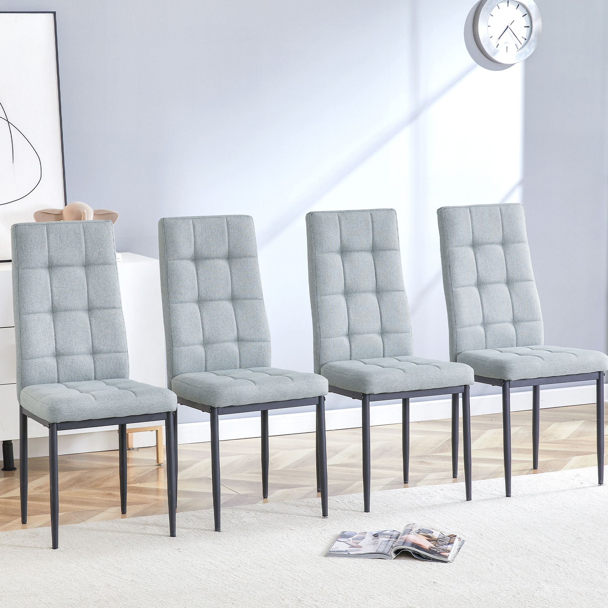 4 Chairs In Gray Linen Design, Metal Leg Support, Comfortable Padding ...