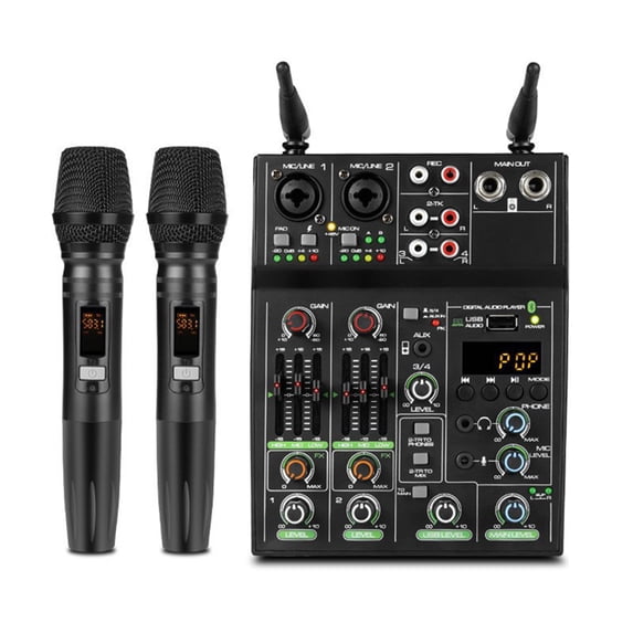 4 Channel Audio Mixer Console Audio Mixing with Wireless Microphone USB ...