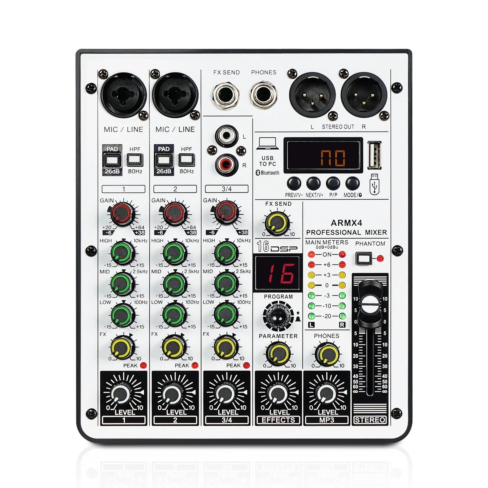 4-Channel Audio Mixer, DJ Mixer with USB Audio Interface, Function, 16 ...