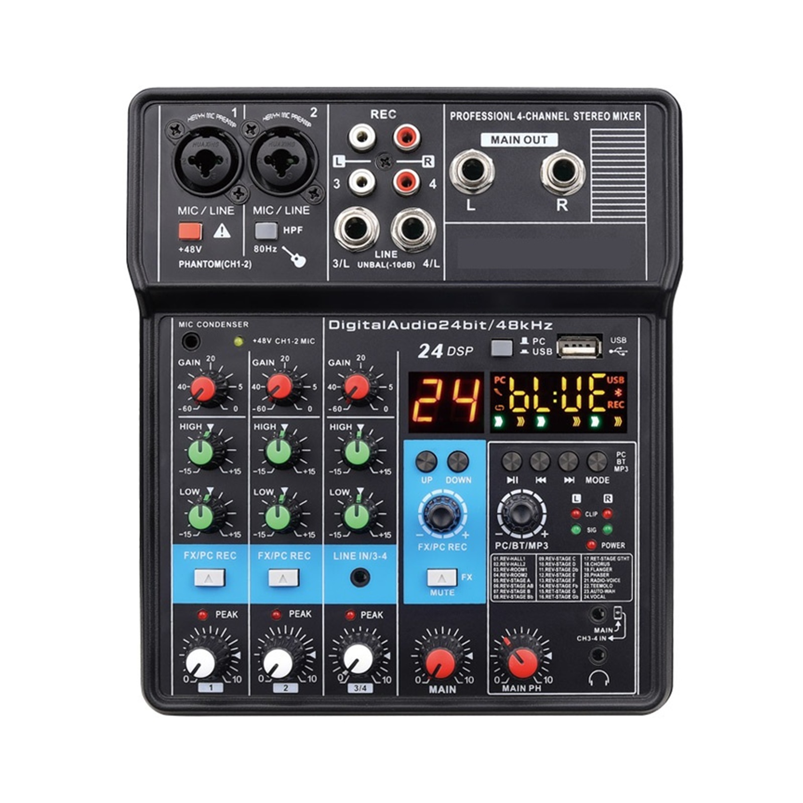 4 Channel Bluetooth Mini Audio Mixer Sound Card DJ 16 Digital Effects ...
