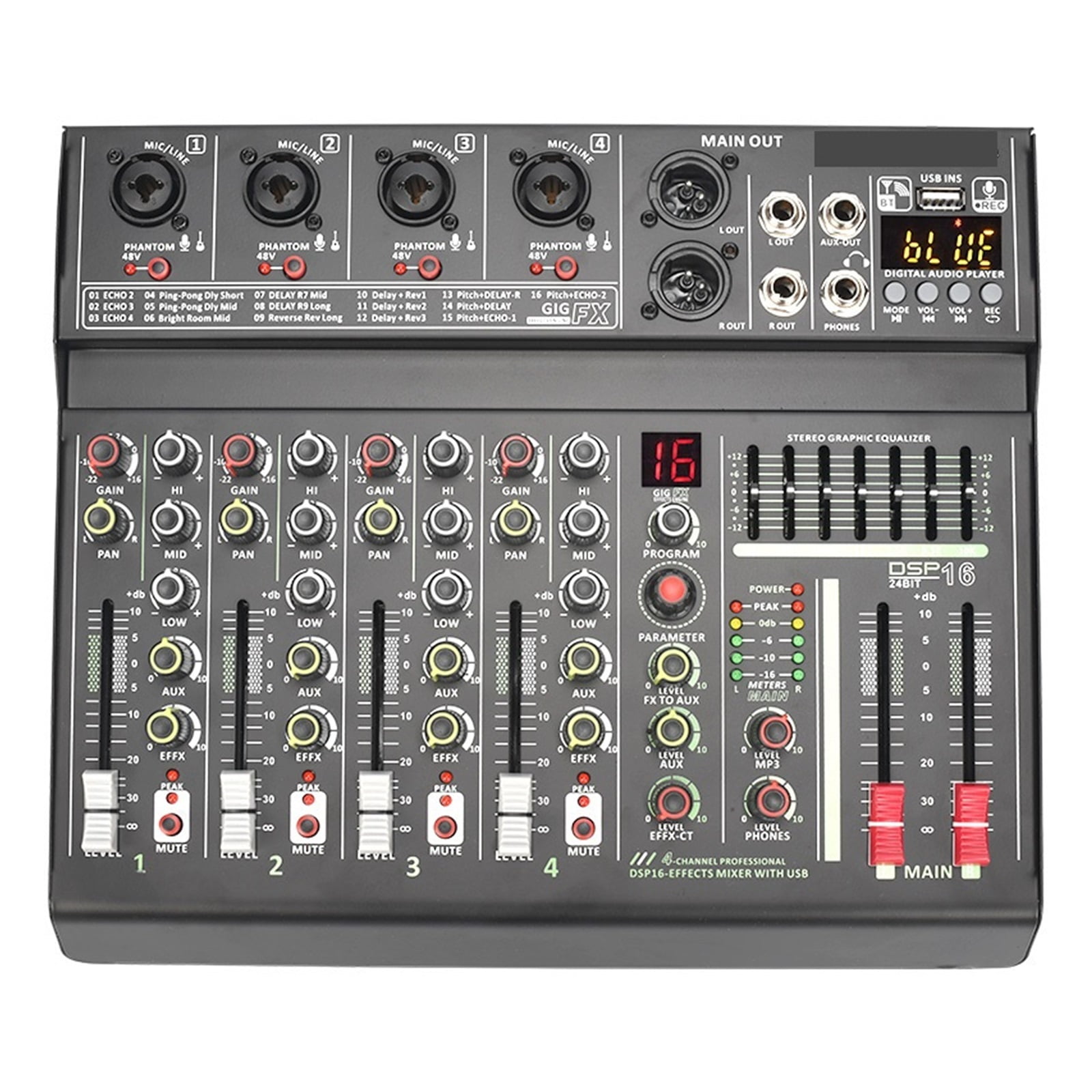 4 Channel DJ Mixer Professional 16 DSP Mixing Console Individual 48V ...