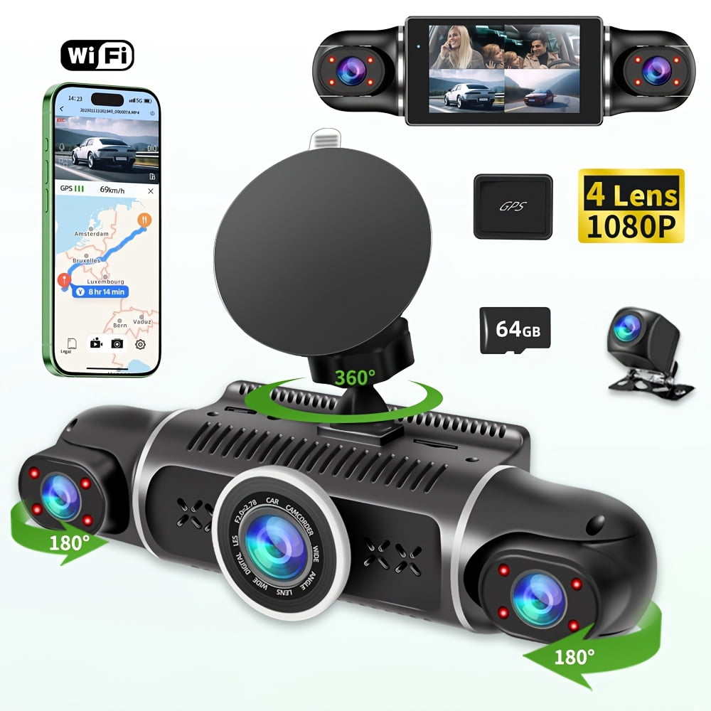 4-Channel Dash Cam FHD 1080P, Adjustable Left/Right Lenses, Built-in ...