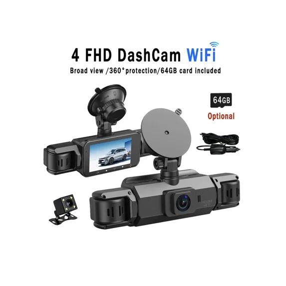 4-Channel Panoramic Dash Cam - 3.0" HD, 170° Wide, Night Vision, WiFi ...