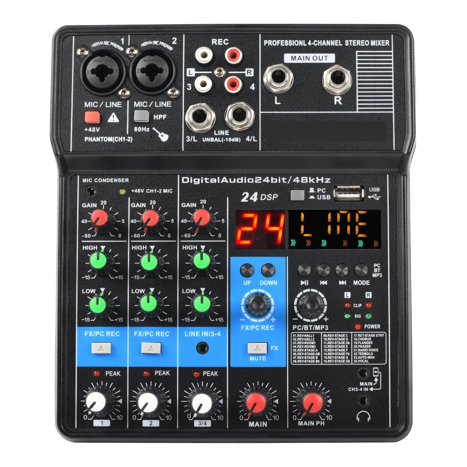 4 Channel Sound Mixer Bluetooth-Function 24 DSP Effects USB Computer Record Play Live Broadcast ...