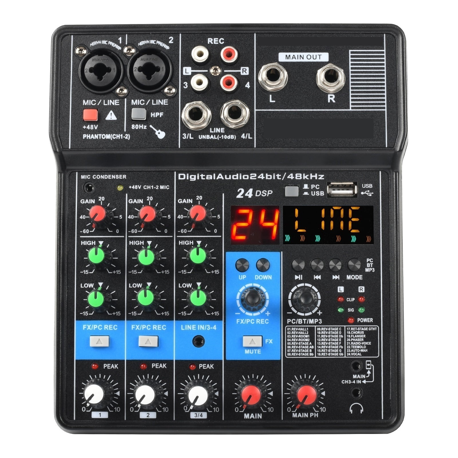 4 Channel Sound Mixer Bluetooth-Function 24 Effects USB Computer Record ...