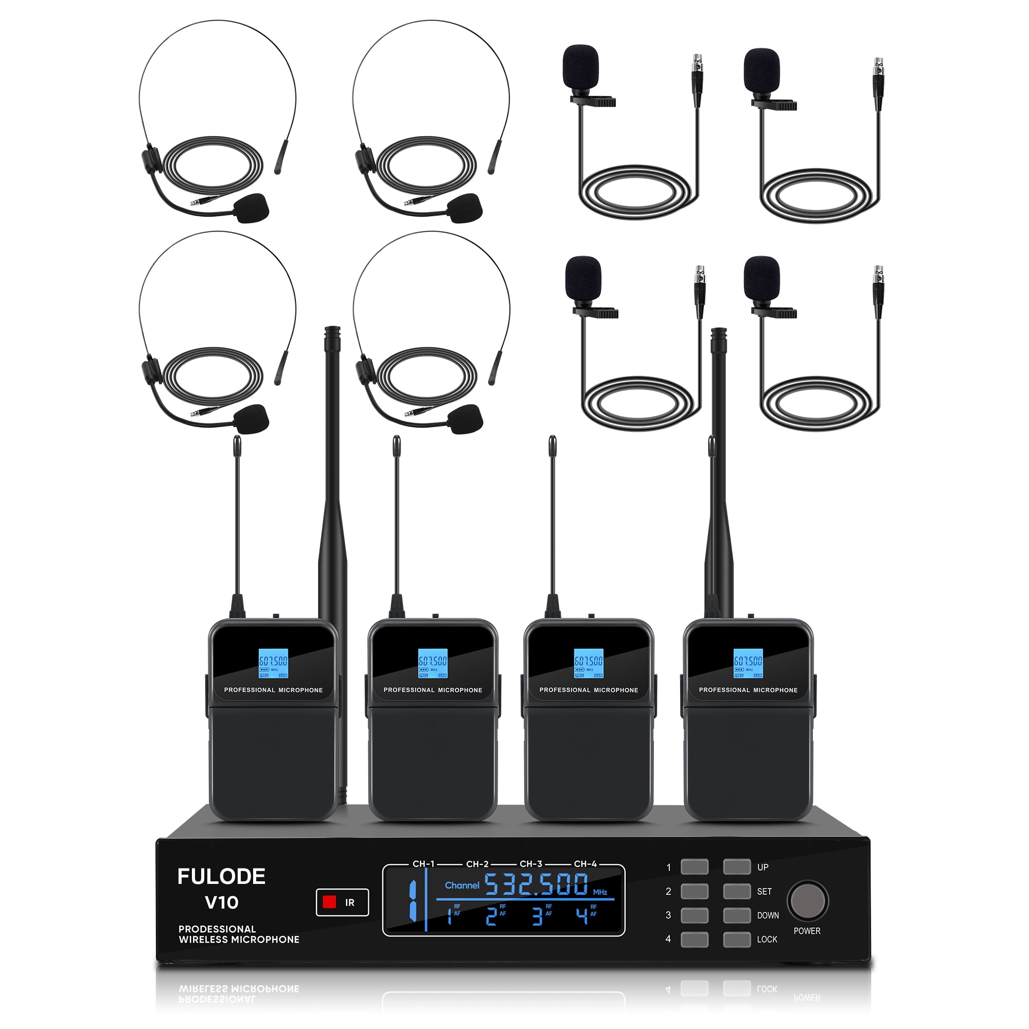 4 Channel Wireless Lapel Microphone, Set of 4 Headset & Lavalier Mics ...