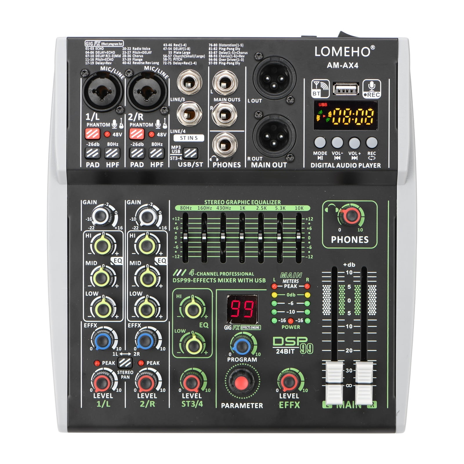 4 Channels Mini Sound Mixer 7 Band EQ 99 DSP Effects Mixing Console 48V ...