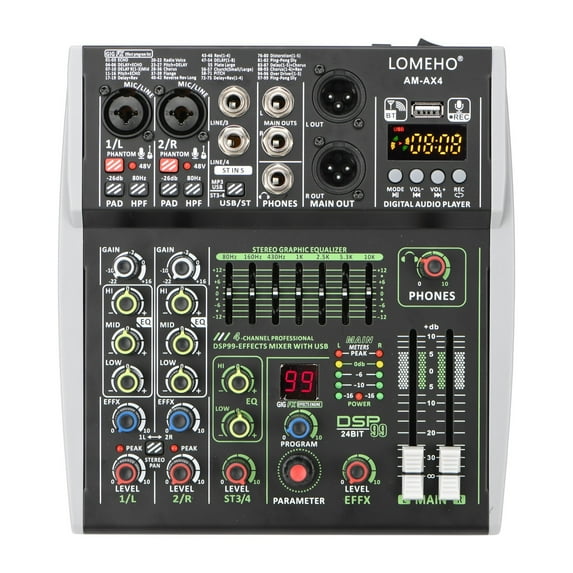 4 Channels Mini Sound Mixer 7 Band EQ 99 DSP Effects Mixing Console 48V ...