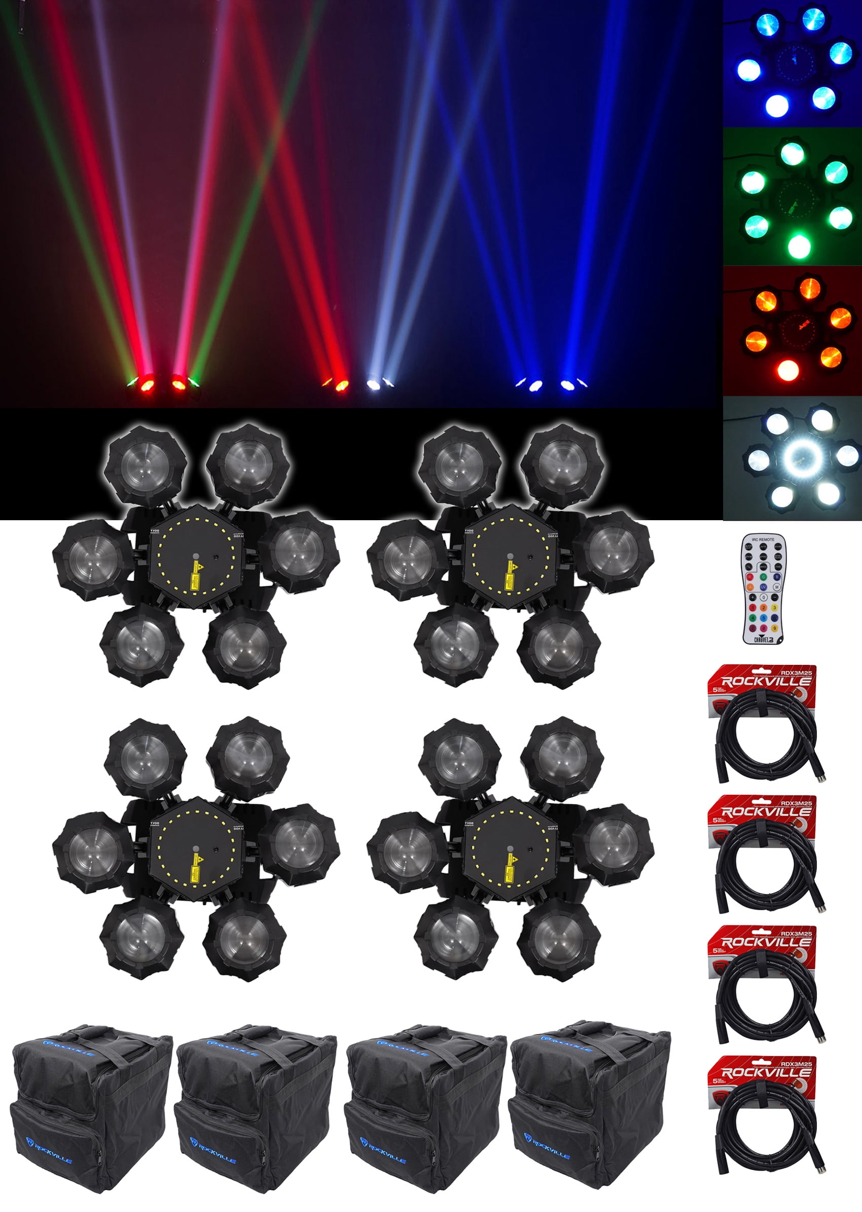 (4) Chauvet DJ Helicopter Q6 DMX Rotating Dance Floor Lights+Remote ...