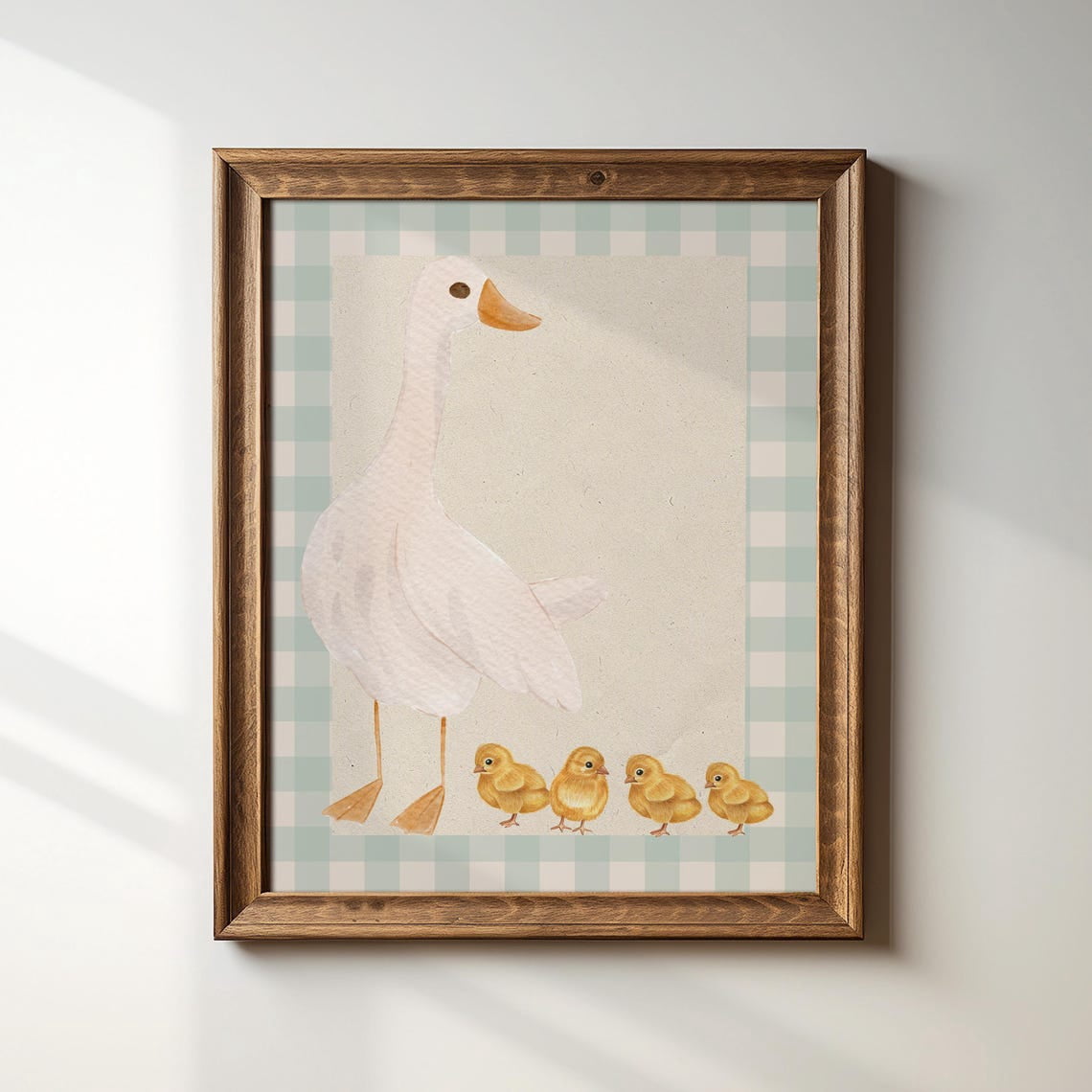 4 Chick Blue Gingham Sweet Vintage Style Mother Duck Illustration Print ...