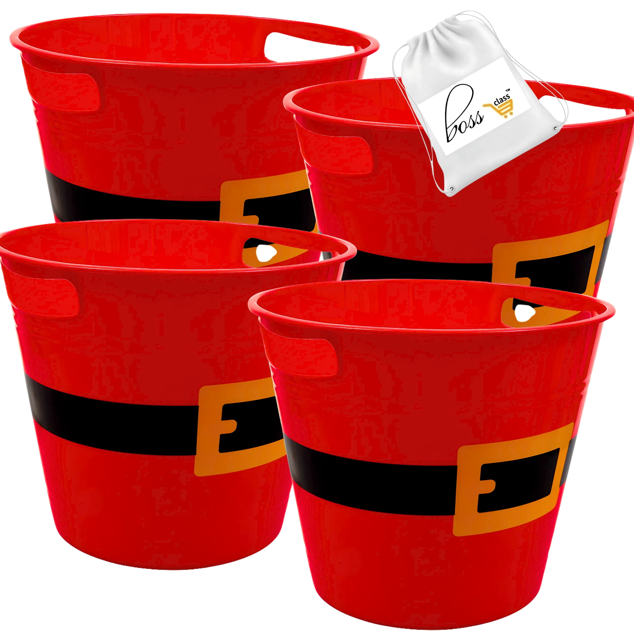 (4) Christmas Plastic Red Buckets with Santa Belt Design 7.95in ...
