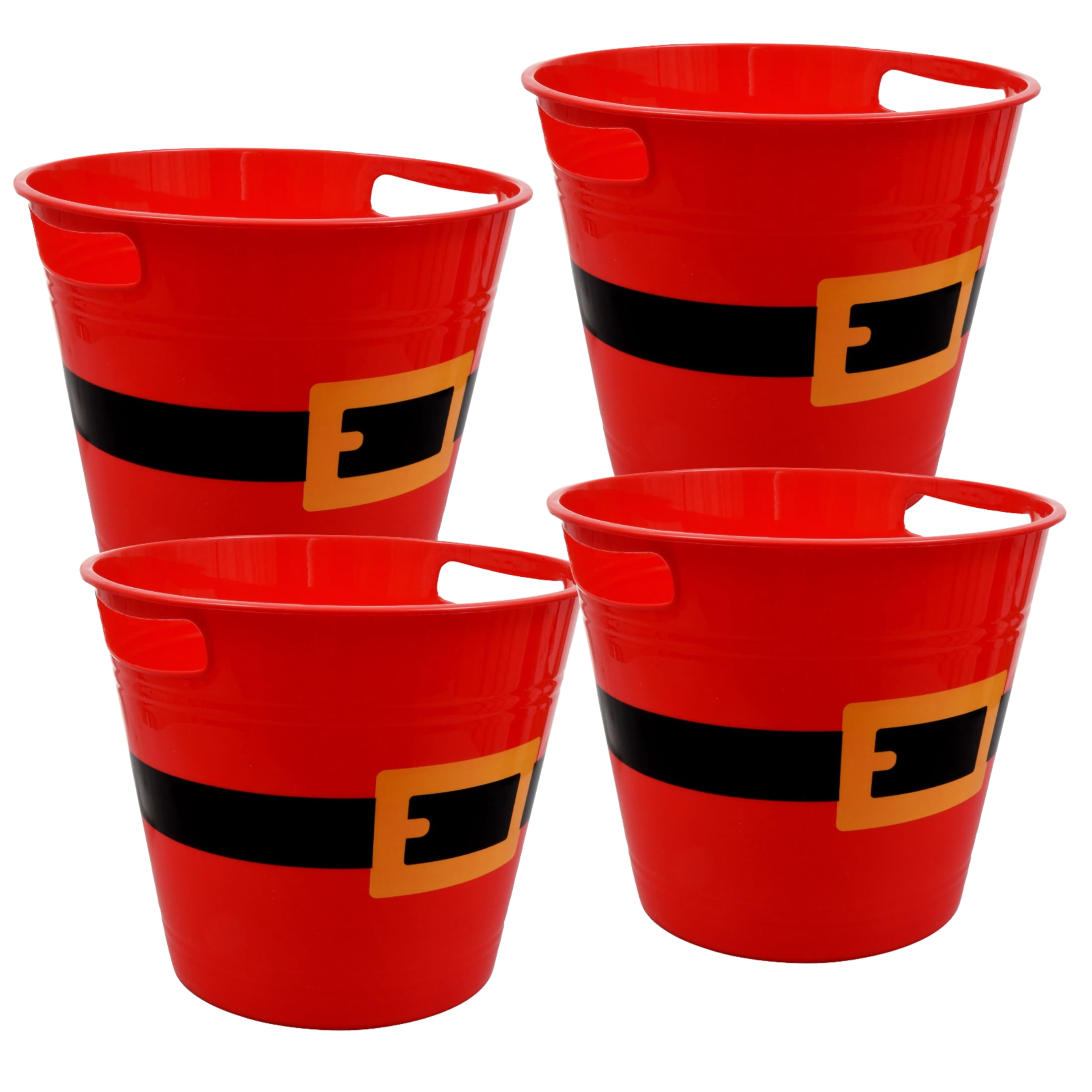 (4) Christmas Plastic Red Buckets with Santa Belt Design 7.95in ...
