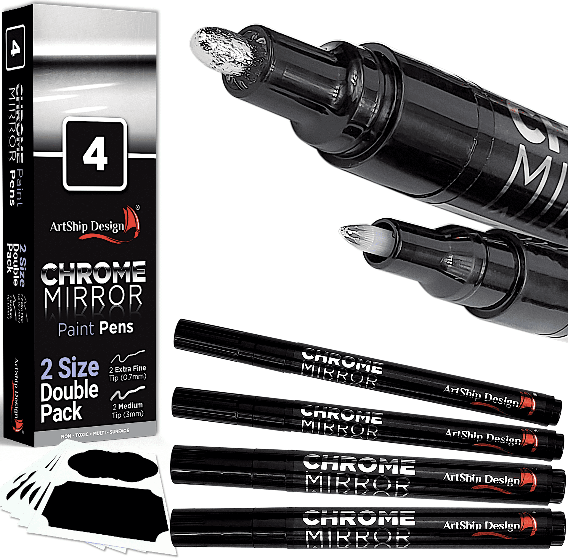 4 Chrome Mirror Paint Pens, Double Pack of Both Extra Fine and Medium ...