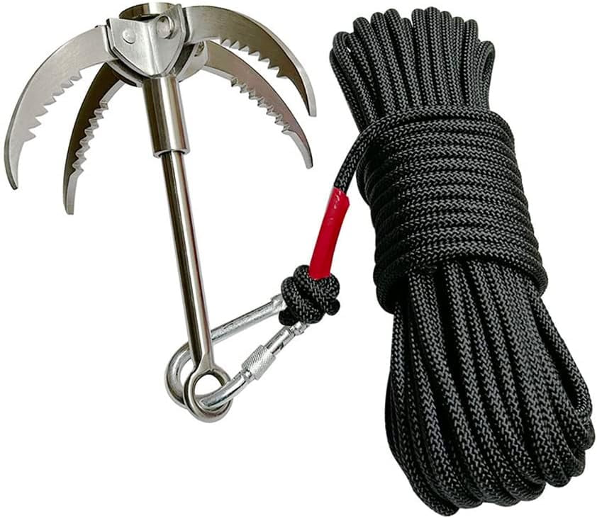 4-Claw Grappling Hook,Stainless Steel Claw Carabiner with 66ft 8mm ...
