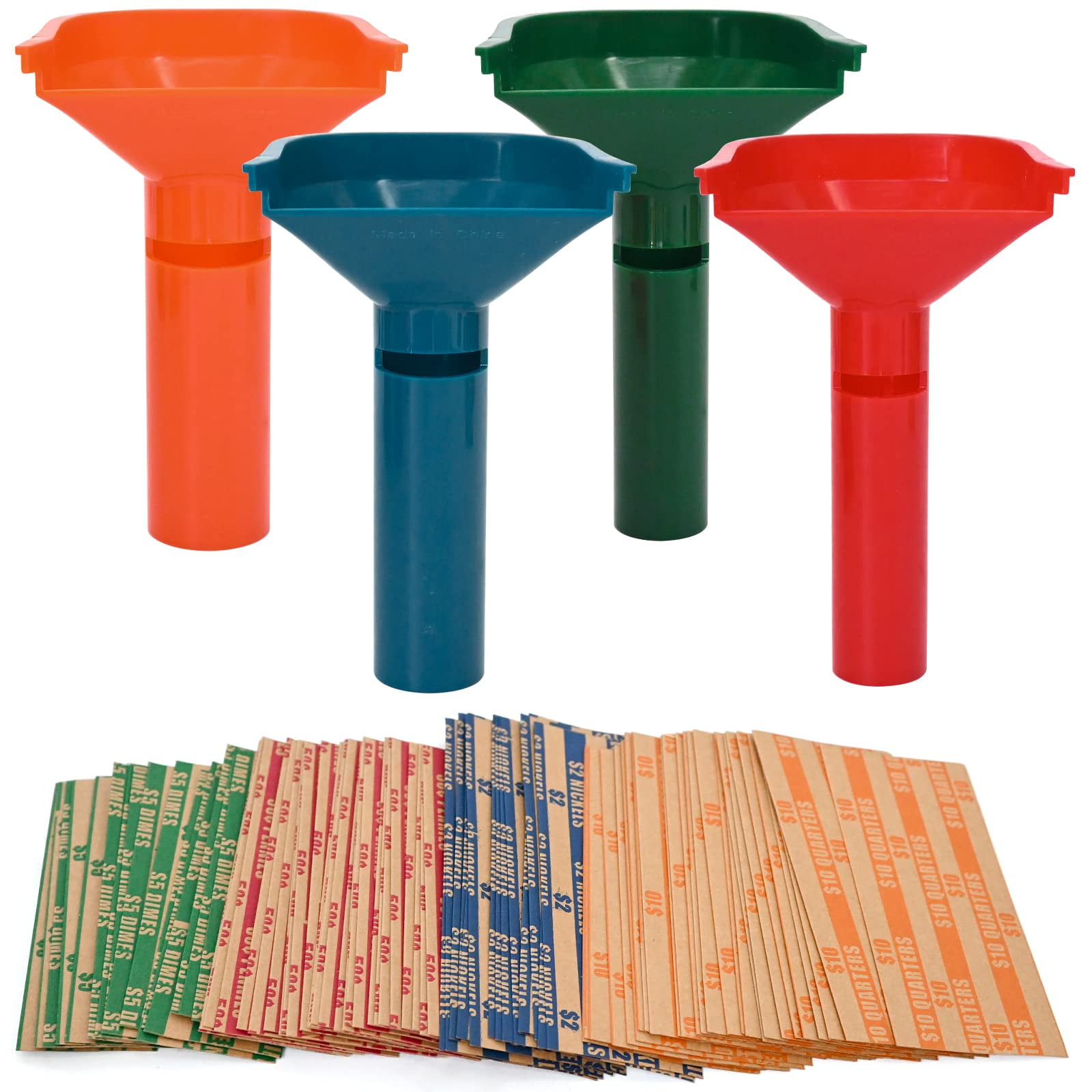 4 Coin Tube Set with 150 Wrappers Included - Funnel Shaped Color Coded ...