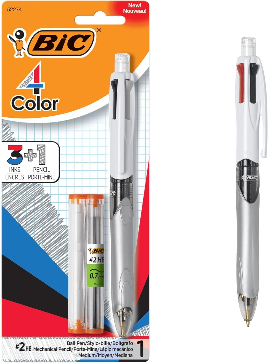 4-Color 3+1 Retractable Ballpoint Pen with Red, Blue, Black Ink and 0.7 ...