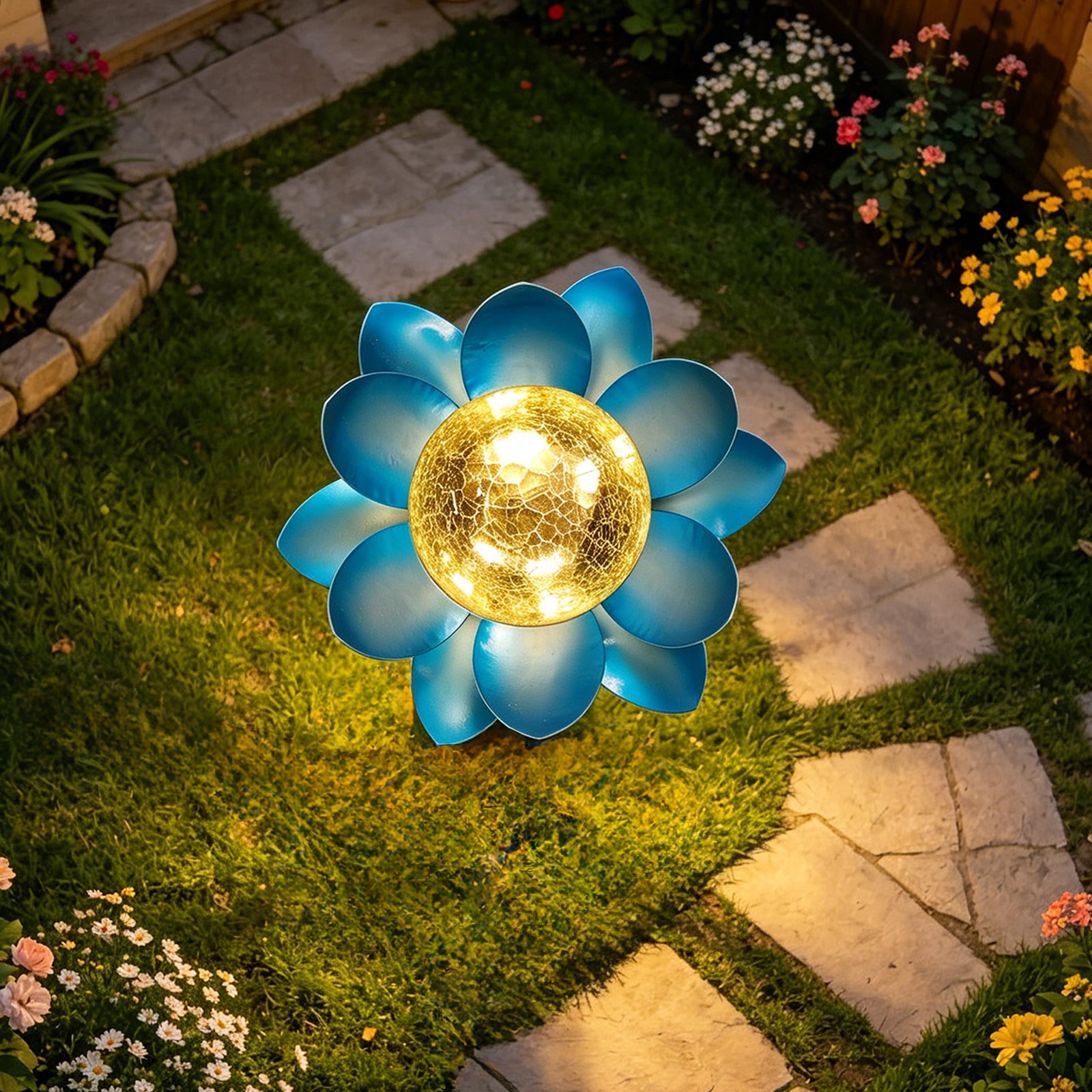 4 Colors Crackle Glass Solar Lotus Flower Yard Light, Rustproof Metal ...