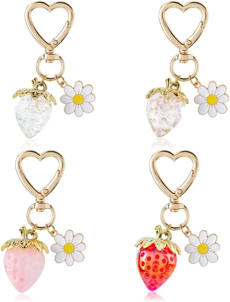 4 Colors Cute Strawberry Keychains Heart Flower Daisy Key Chains ...