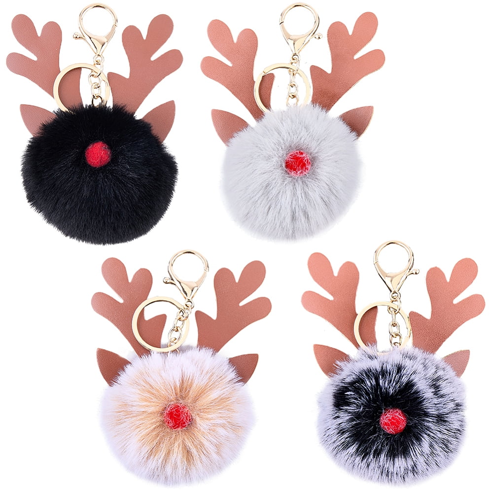 4 Colors PU Leather Christmas Antler Keychain with Fluffy Plush Ball ...