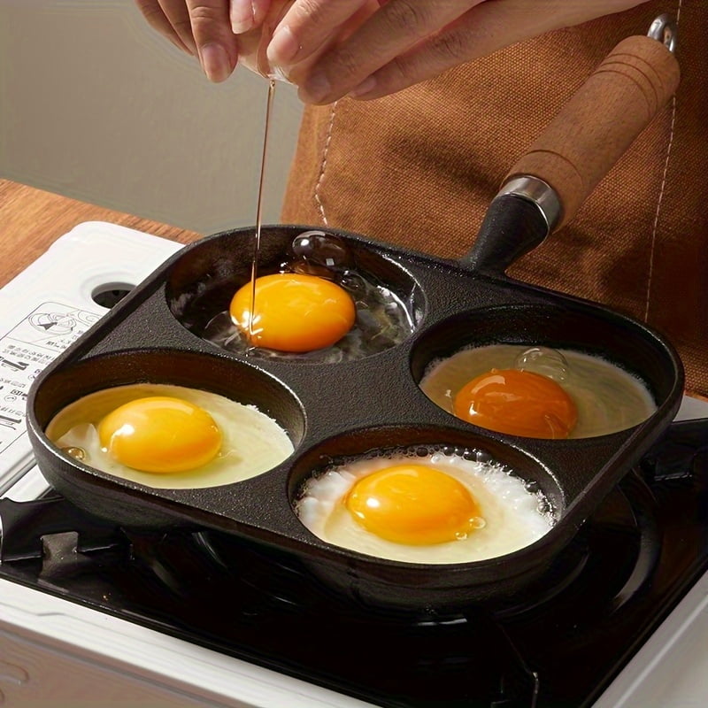 4-Compartment Cast Iron Frying Pan, Non-Stick Skillet with Wooden ...