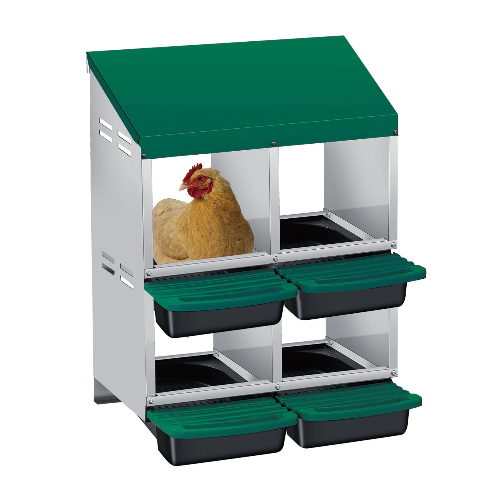 4-Compartment Chicken Nesting Box - 2-Tier with Pull-Out Trays, Wall ...