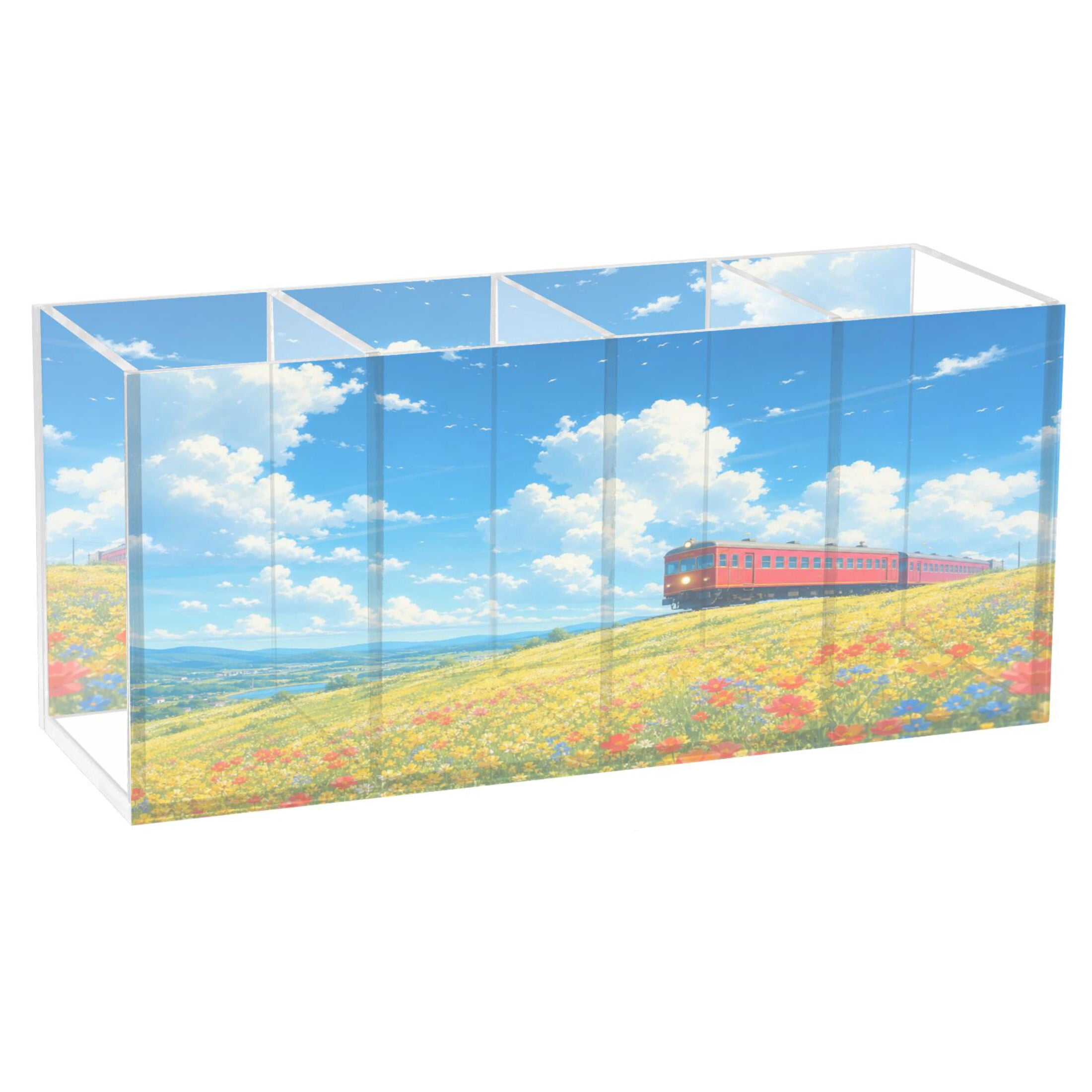 4 Compartment Clear Acrylic Desk Organizer Red Train Summer Journey Pen ...