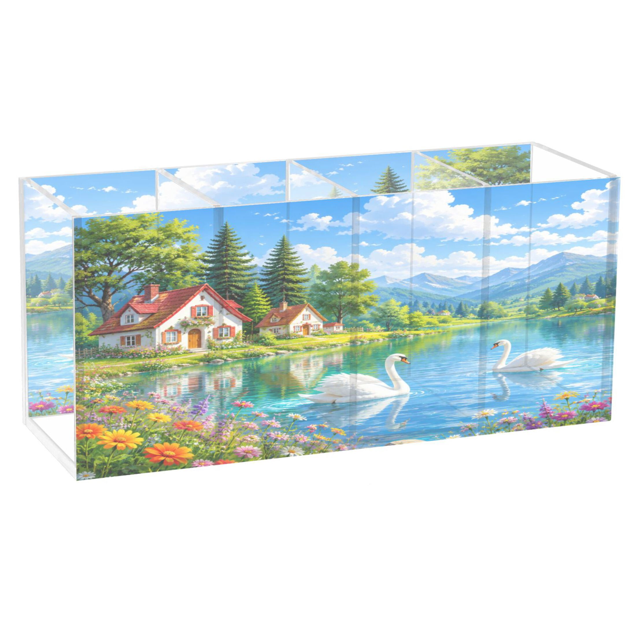 4 Compartment Clear Acrylic Desk Organizer Swan Lake Cottage Garden Pen ...