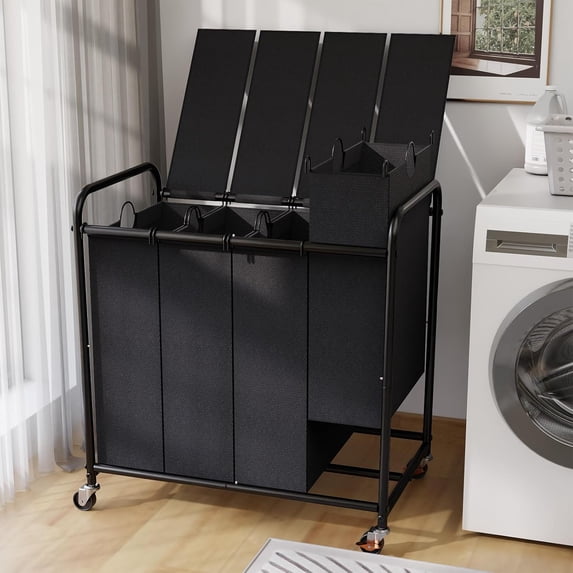 4-Compartment Laundry Cart with Lockable Wheels & Lid 180L Large ...