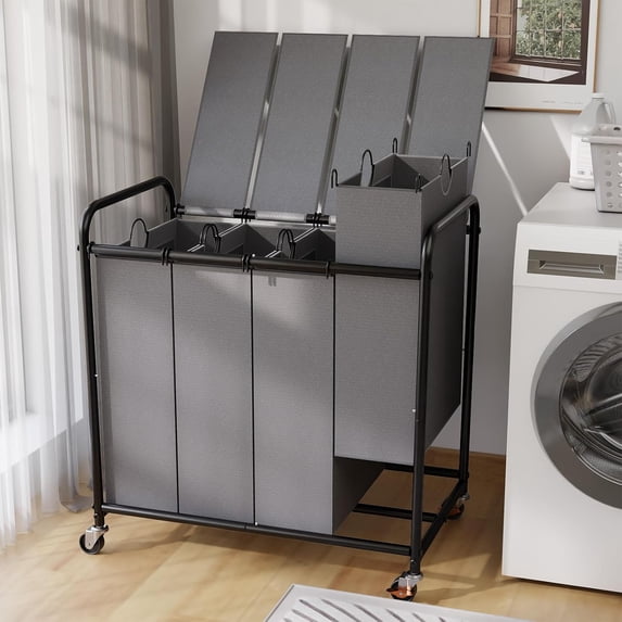 4-Compartment Laundry Cart with Lockable Wheels & Lid 180L Large ...
