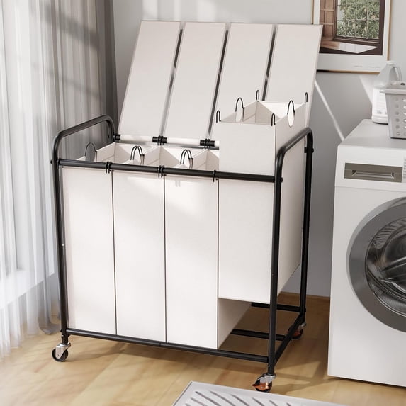 4-Compartment Laundry Cart with Lockable Wheels & Lid 180L Large ...