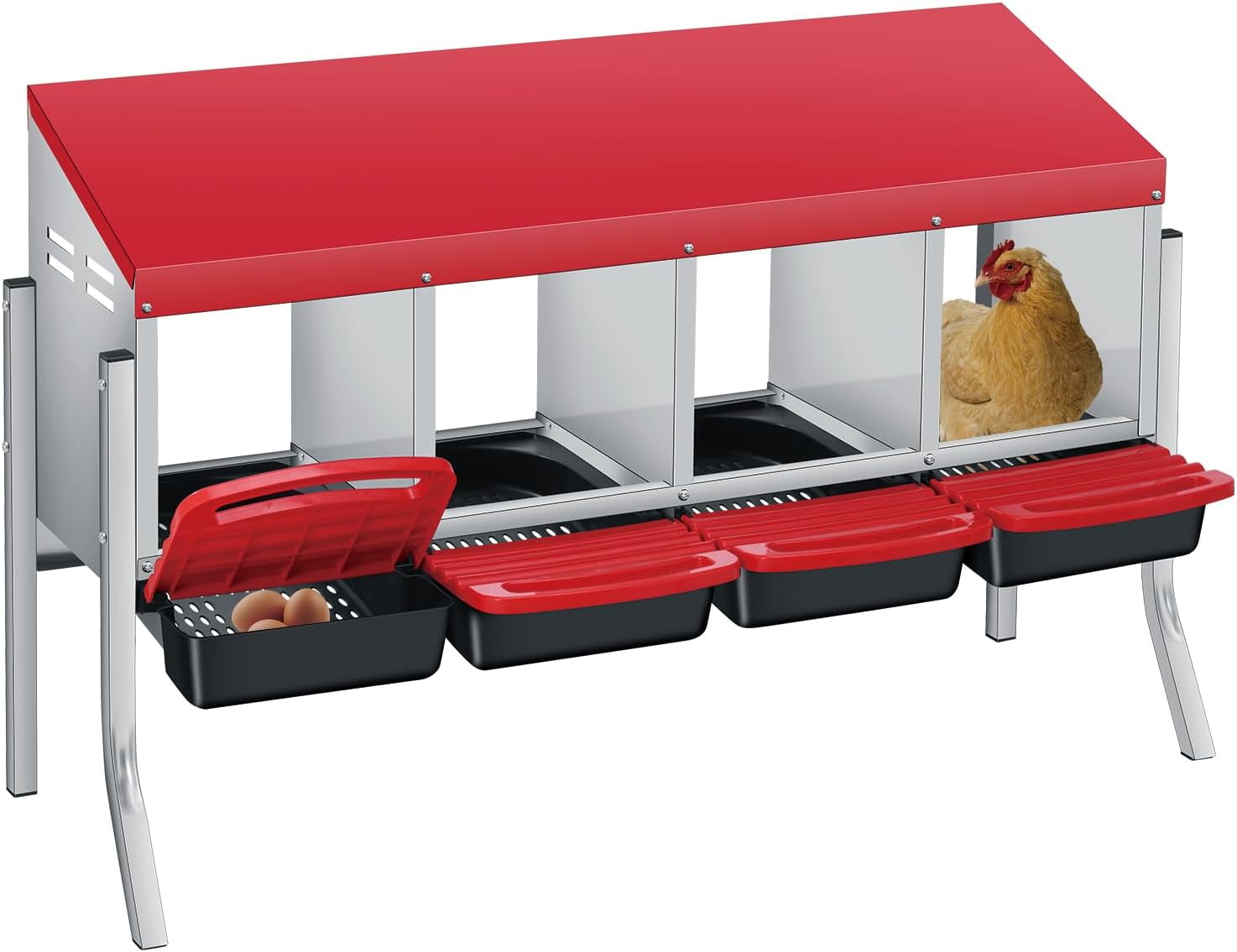 4-Compartment Roll Away Chicken Nesting Box with Metal Legs Wall Mount ...