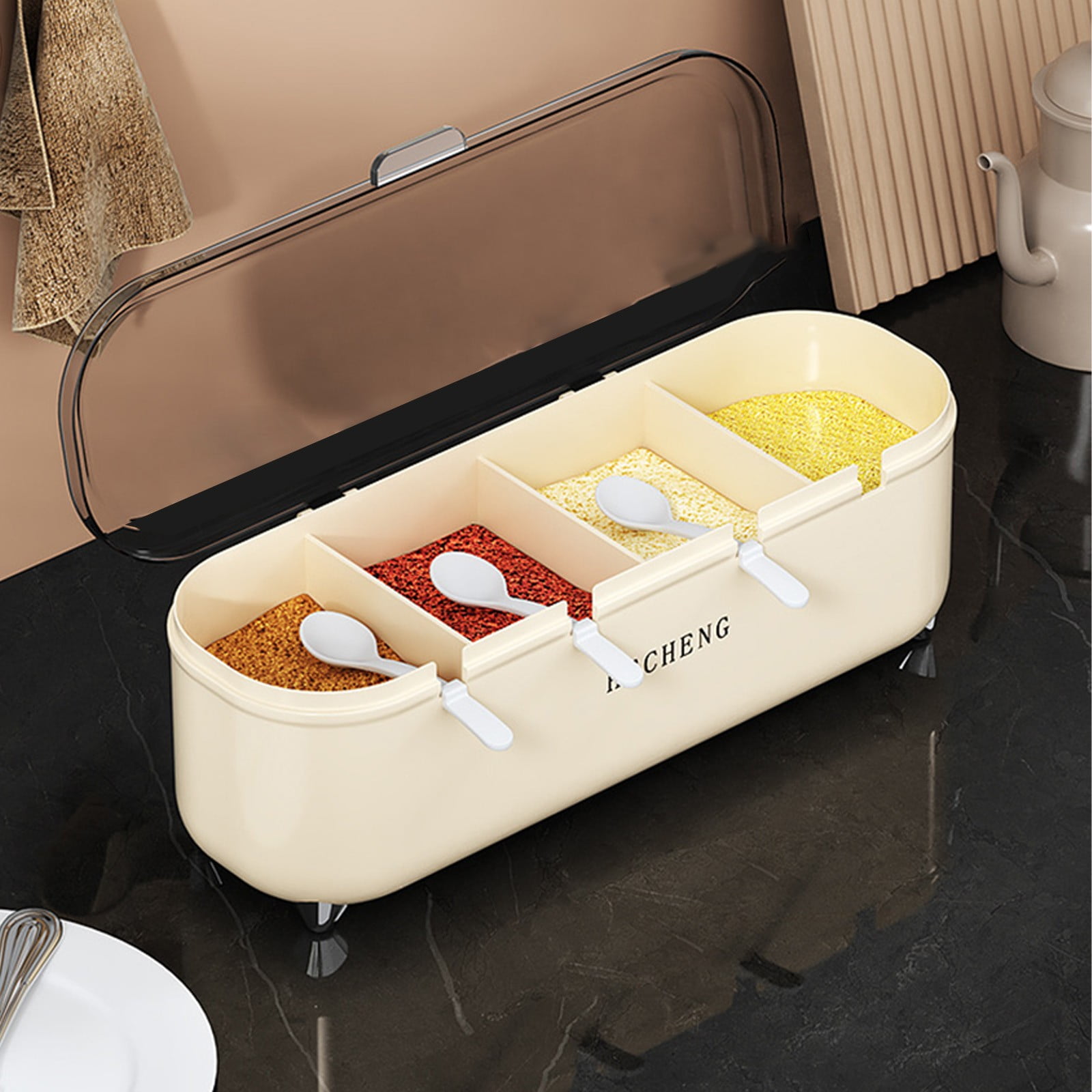 4-Compartment Spice Jar Set, Sealed Seasoning Container with Non-Slip ...