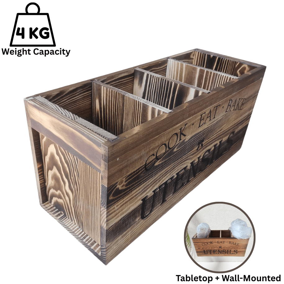4-Compartment Wall-Mounted Utensil Organizer - Brown Wooden Box ...