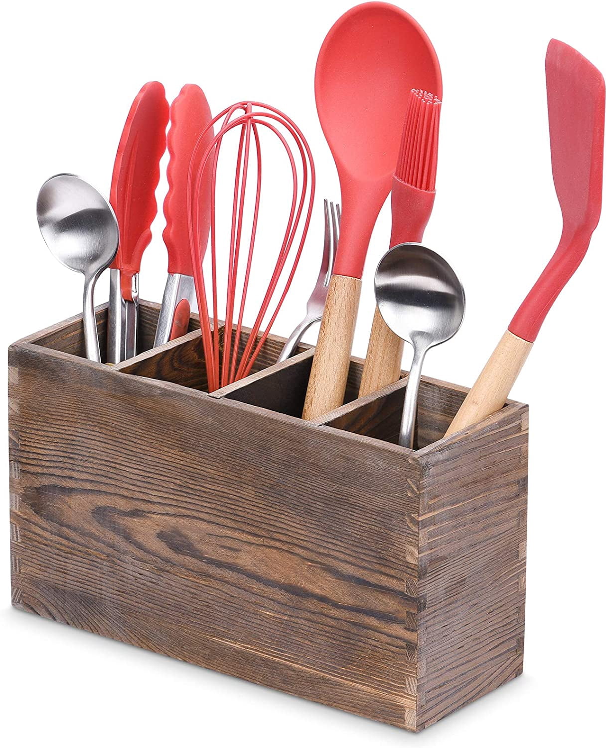 4 Compartment Wooden Utensil Holder Organizer for Kitchen Countertop ...