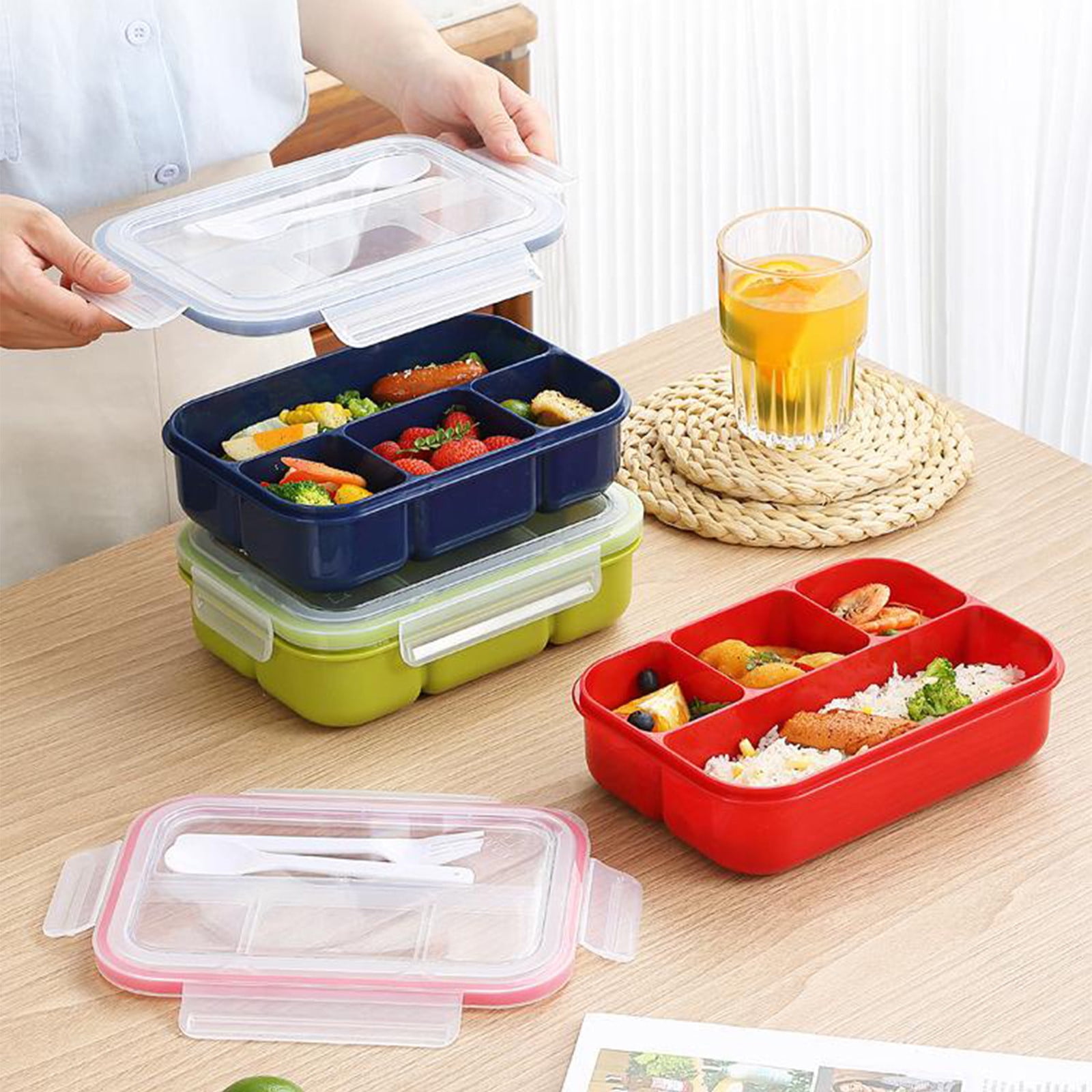 4 Compartments Large Plastic Lunch Box, Leak Proof Sealed Design ...