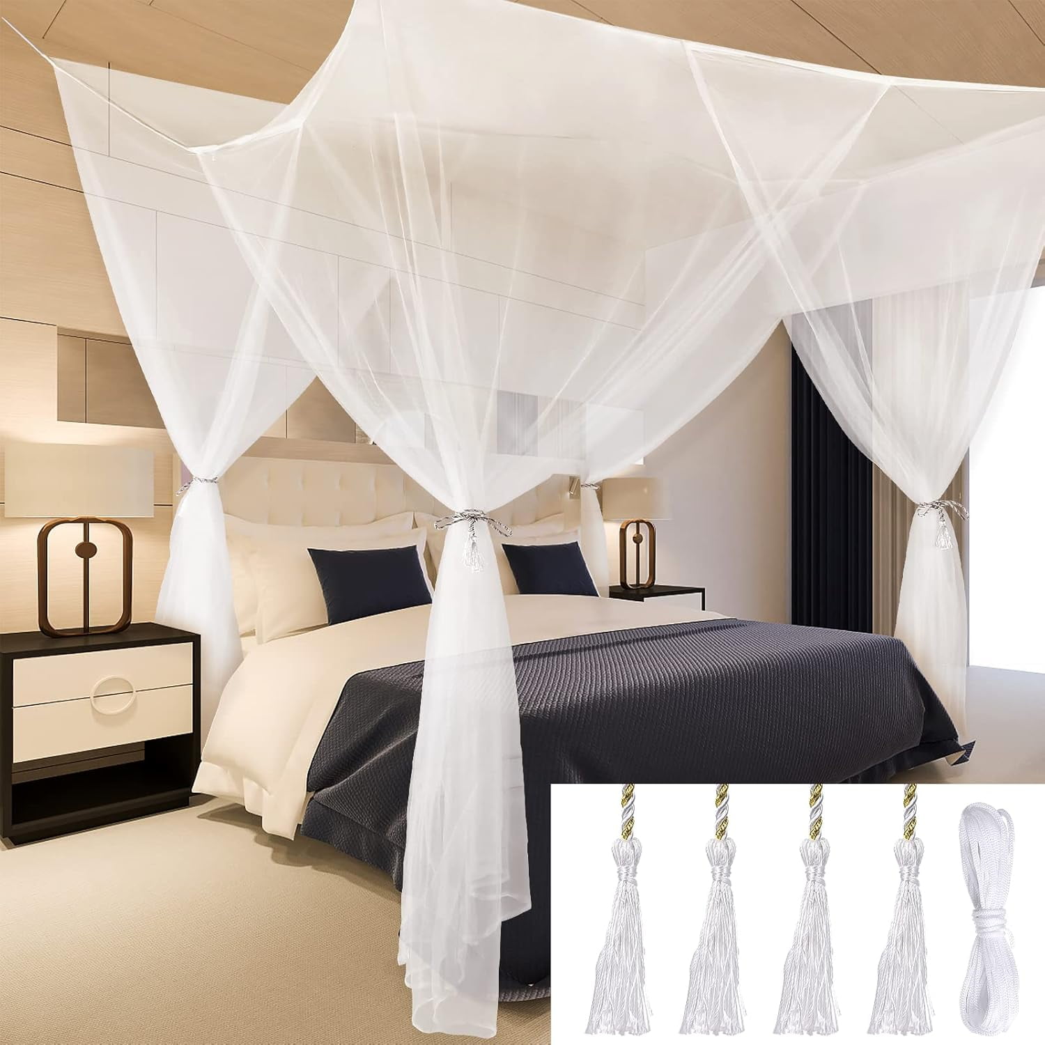 4 Corner Post Bed Canopy, Elegant Canopy Bed Curtains from Ceiling ...