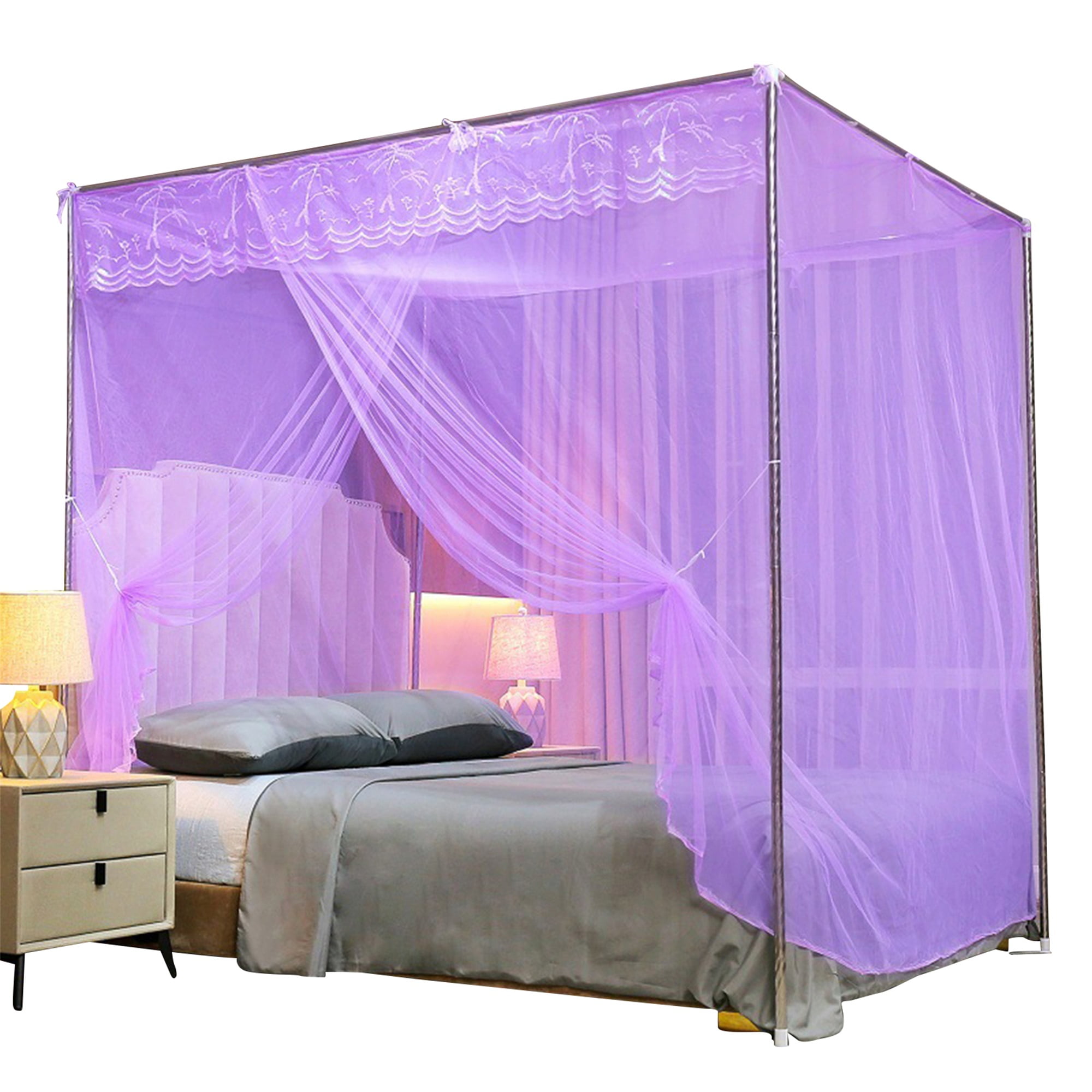 4 Corners Post Pink Canopy Bed Curtain Full Bed for Girls Adults ...