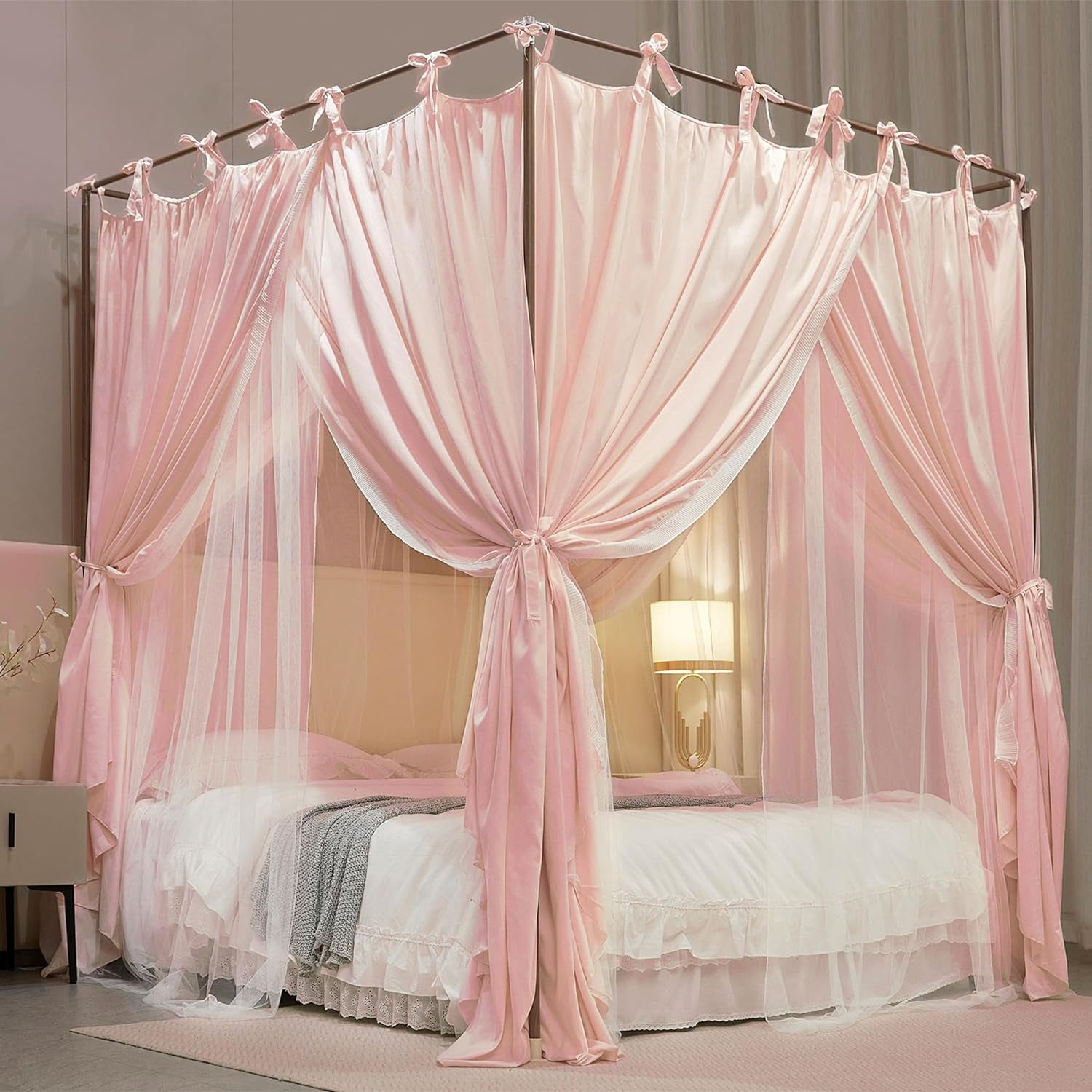 4 Corners Post Princess Curtain Bed Canopy Double Layer Cozy Mosquito ...