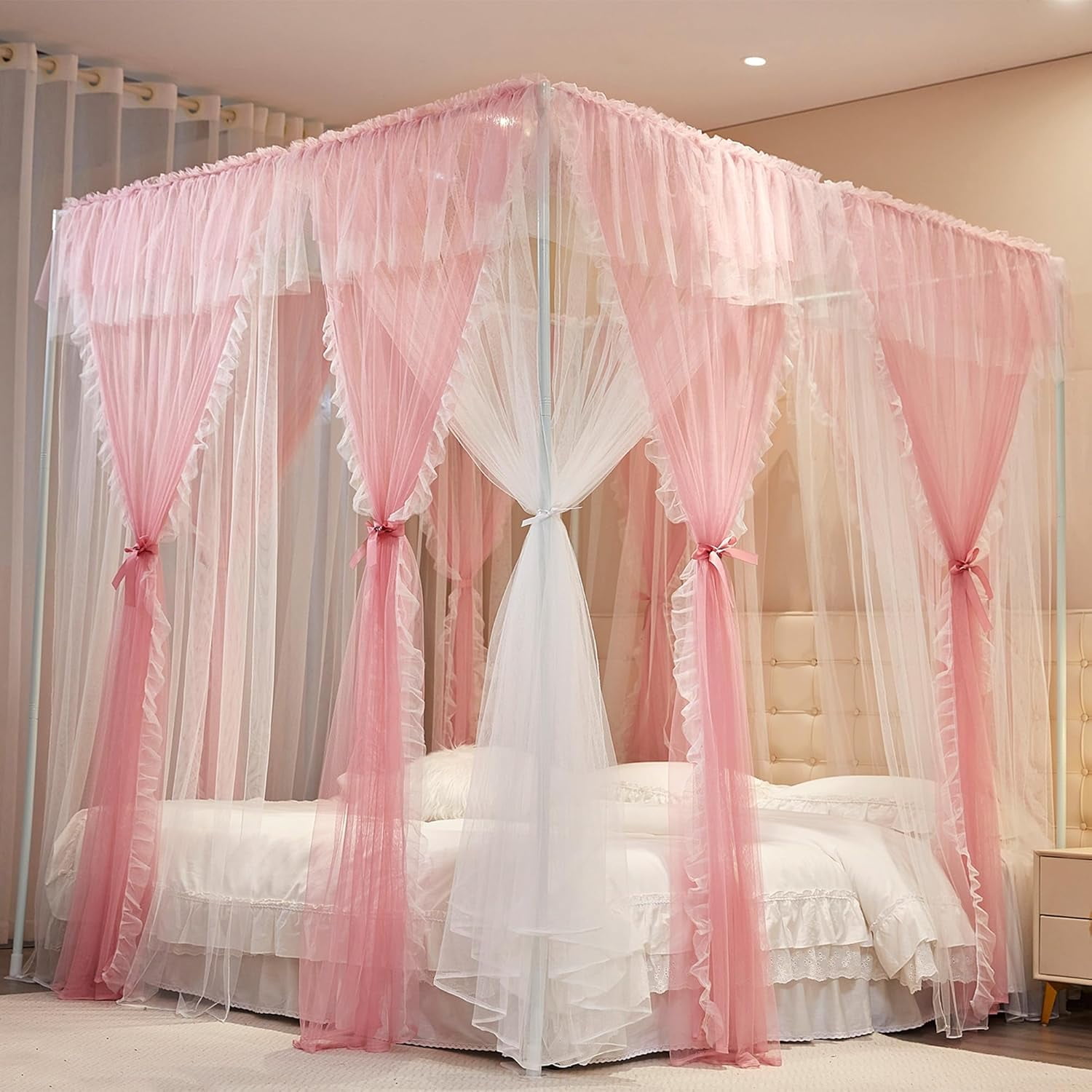 4 Corners Post Princess Curtains Bed Canopy for Girls 8 Panels Curtain ...