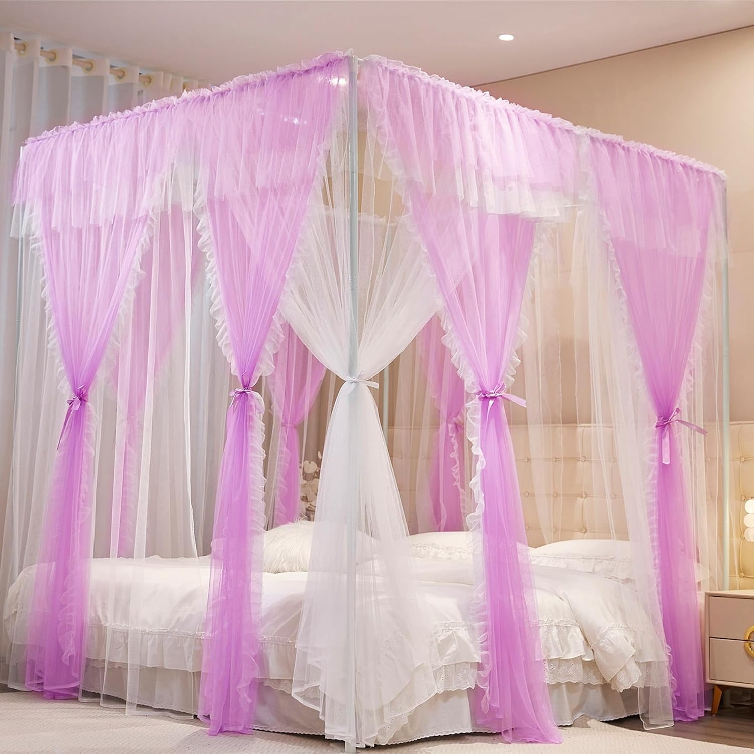 4 Corners Post Princess Curtains Bed Canopy for Girls 8 Panels Curtain ...