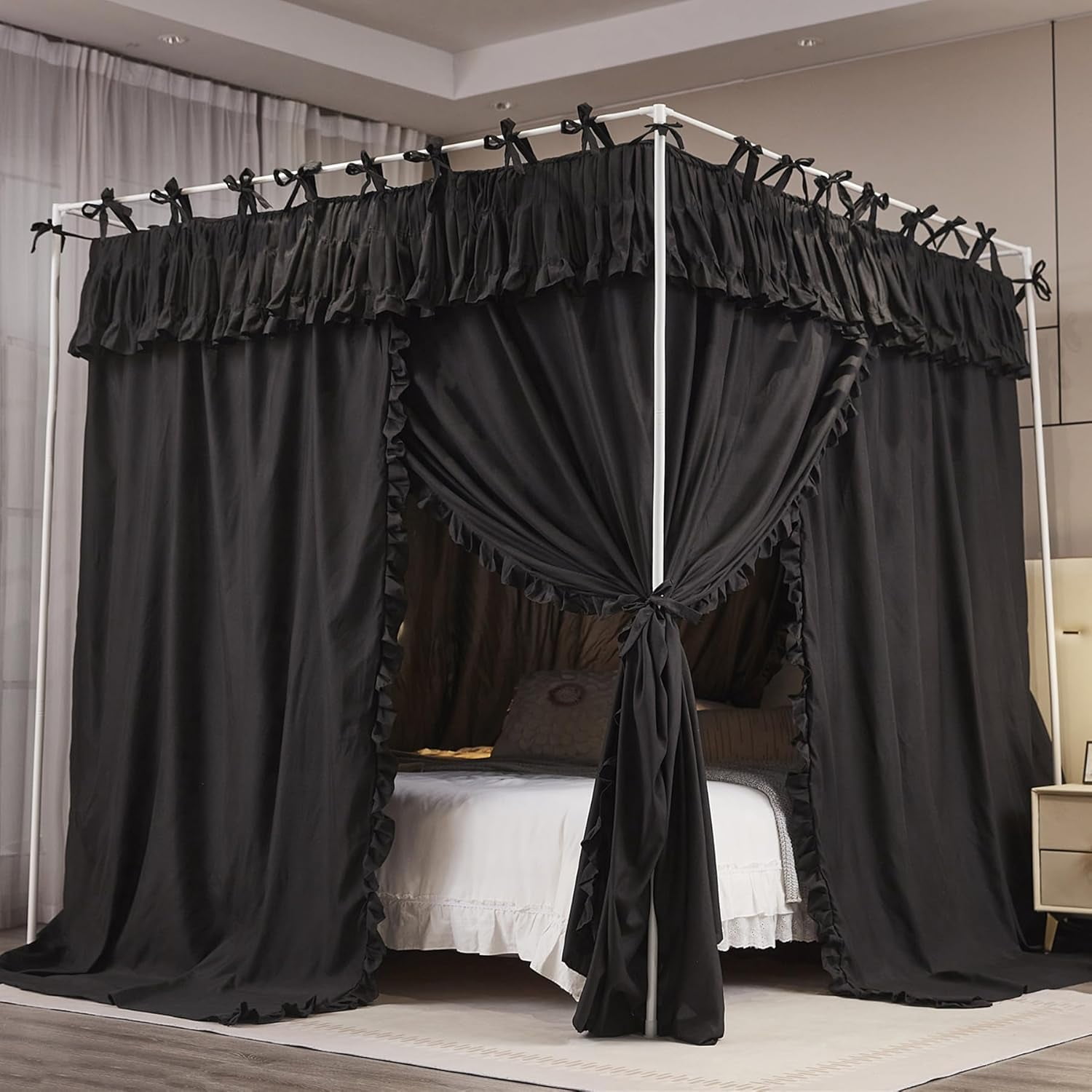 4 Corners Post Princess Ruffle Curtain Bed Canopy Lace Up Elastic Cozy ...