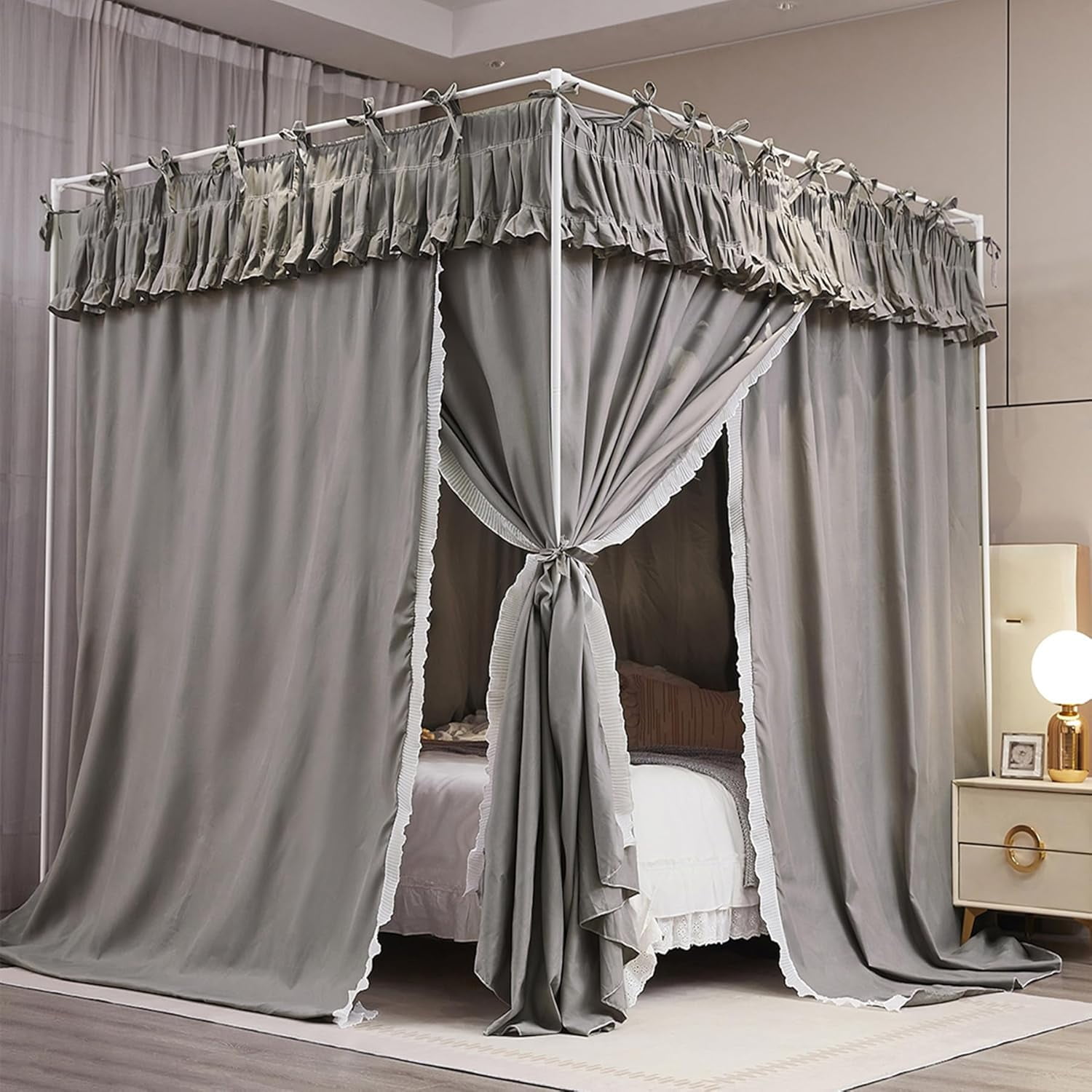 4 Corners Post Princess Ruffle Curtain Bed Canopy Lace Up Elastic Cozy ...