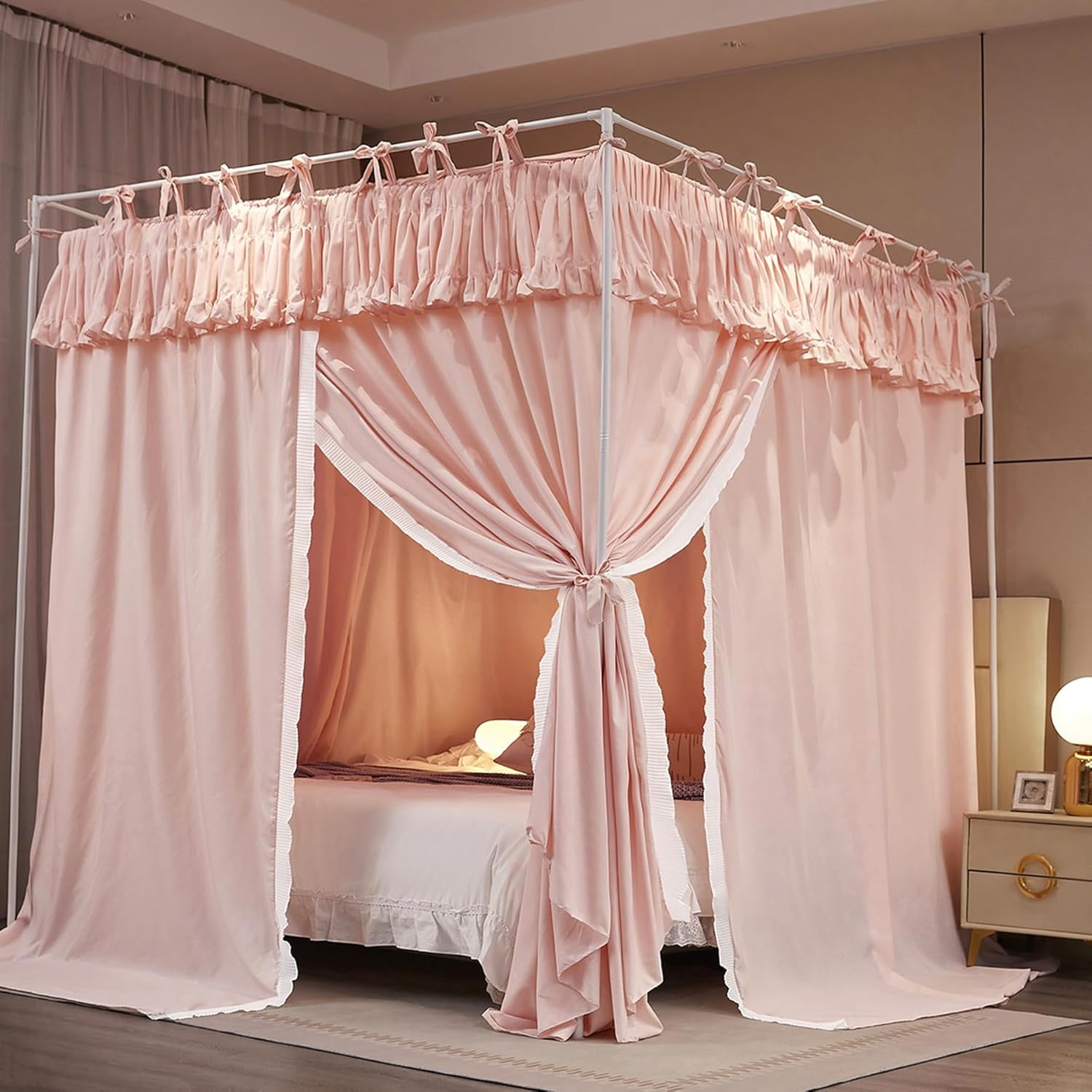 4 Corners Post Princess Ruffle Curtain Bed Canopy Lace Up Elastic Cozy ...