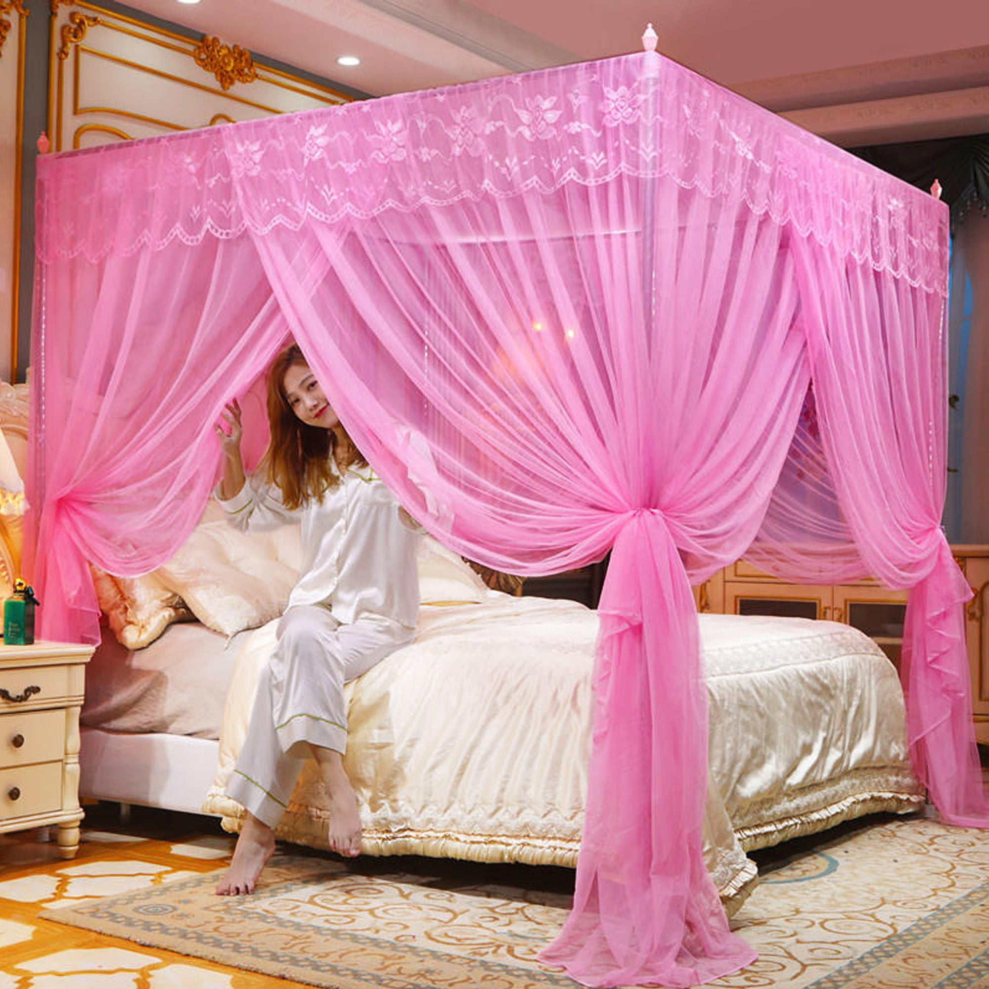 4 Corners Post Ruffle Canopy Bed Curtains for Girls Kids Adults - Cute ...