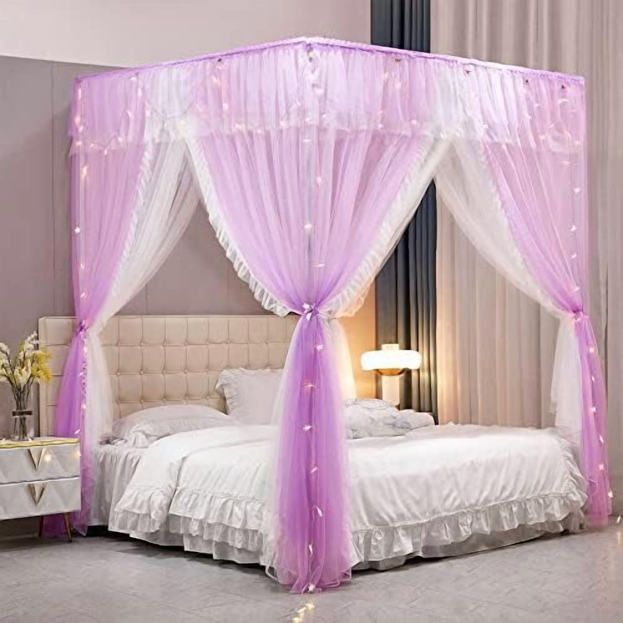 4 Corners Post Ruffle Princess Bed Canopy Curtain-Double Layer Cozy ...