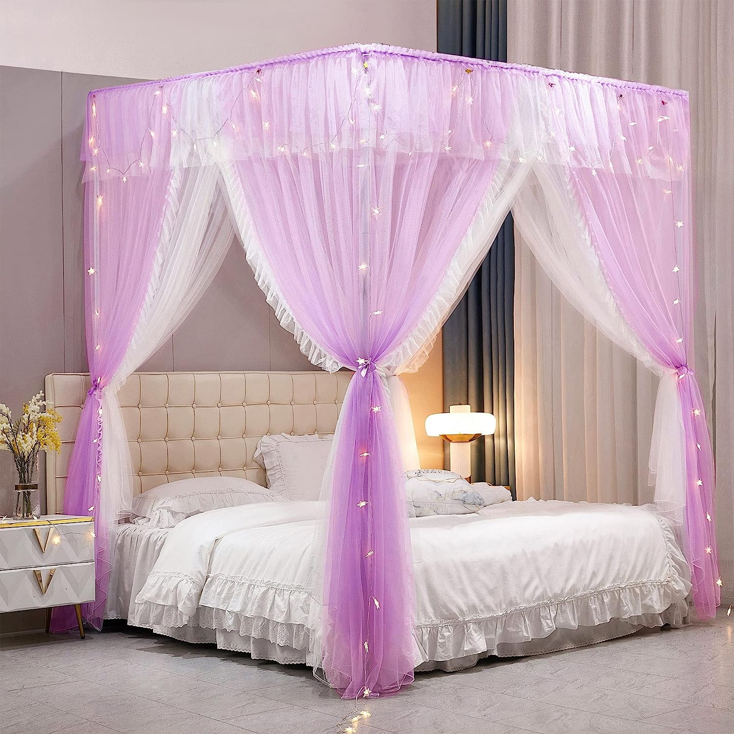 4 Corners Post Ruffle Princess Bed Canopy Curtain-Double Layer Cozy ...