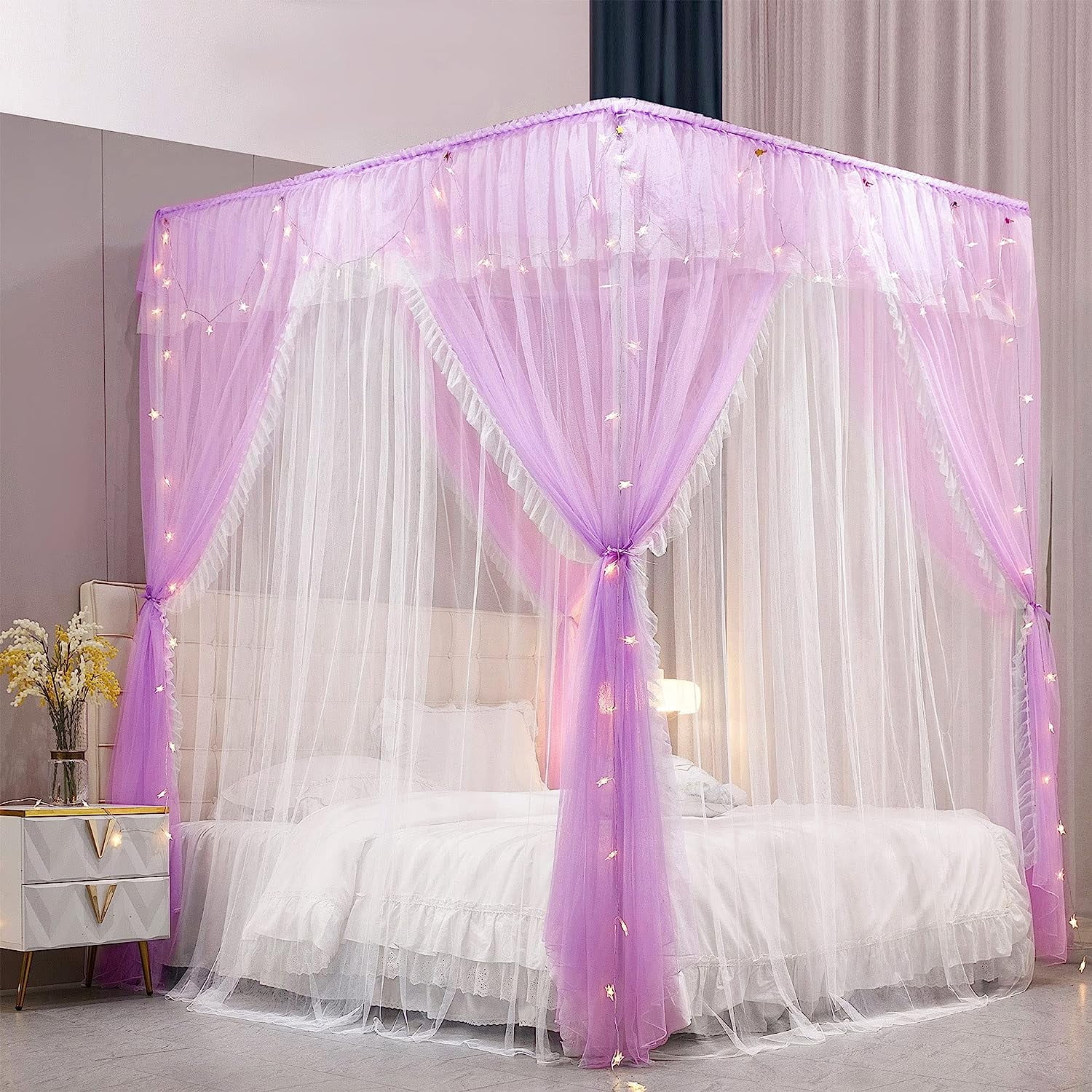 4 Corners Post Ruffle Princess Bed Canopy Curtain-Double Layer Cozy ...