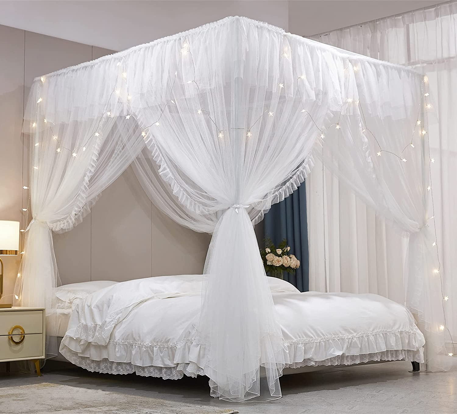 4 Corners Post Ruffle Princess Bed Canopy Curtain-Double Layer Cozy ...